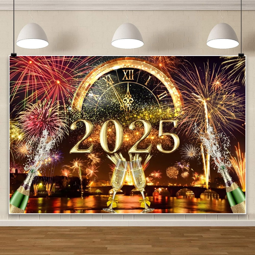 SUNOLIFE Happy New Year Backdrop Banner 2025 Clock Champagne Background ...