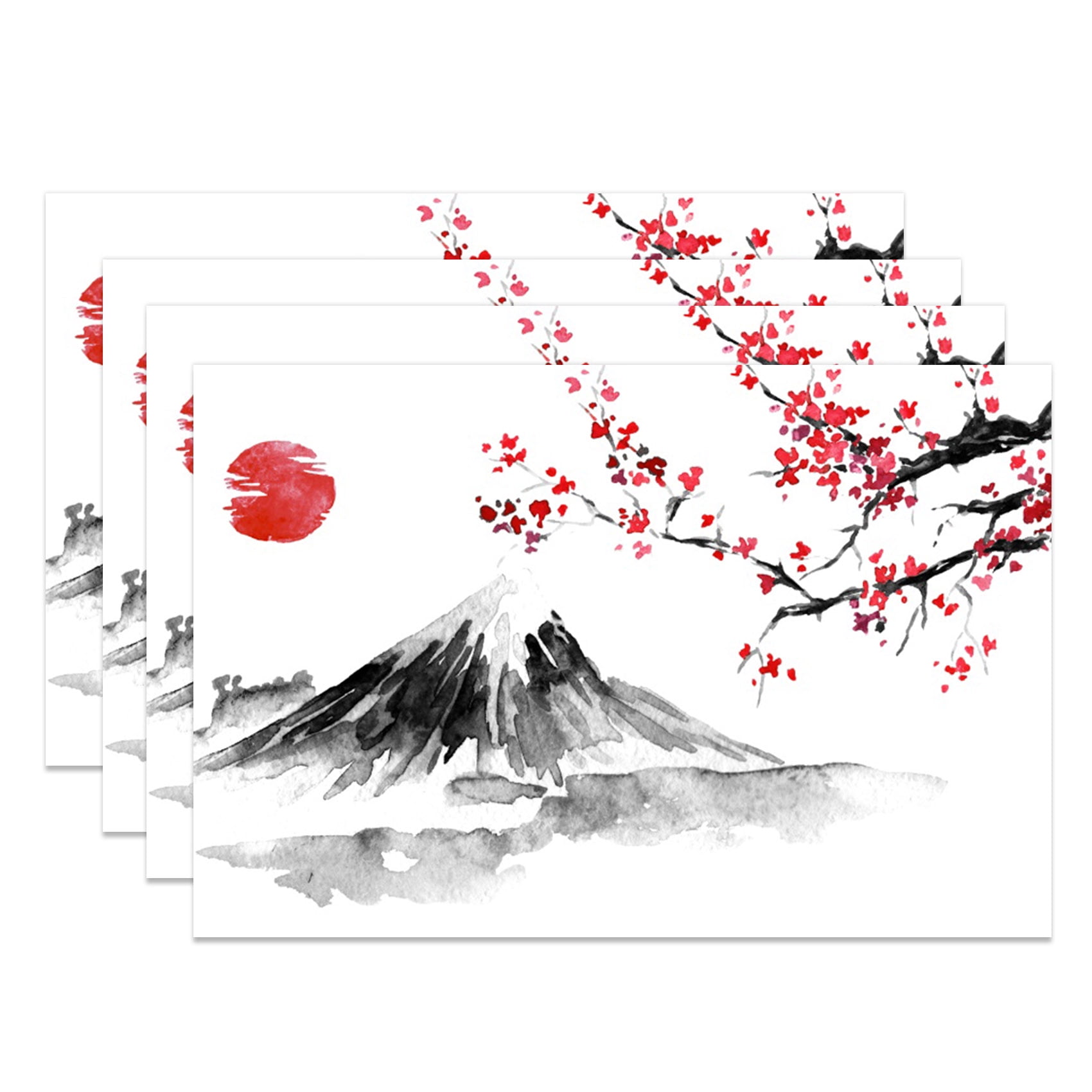 SUNOLIFE Japanese Placemats Asia Mountain Table Mats Set of 4, Cherry ...