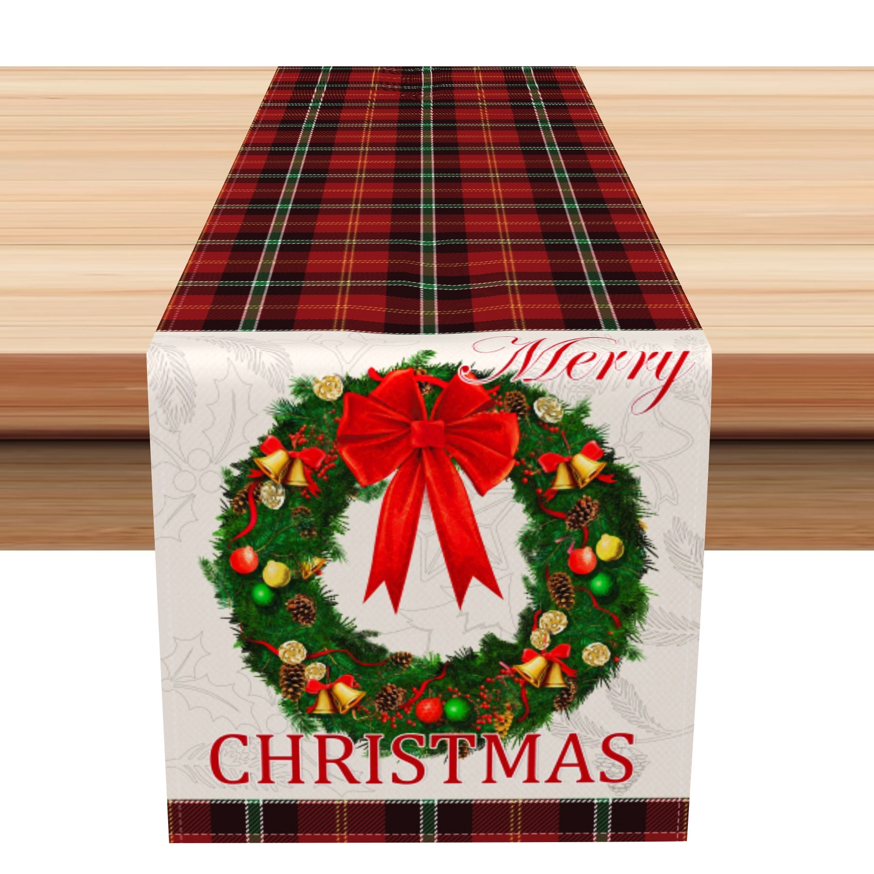 SUNOLIFE Merry Christmas Table Runner Wreath Buffalo Plaid Kitchen ...