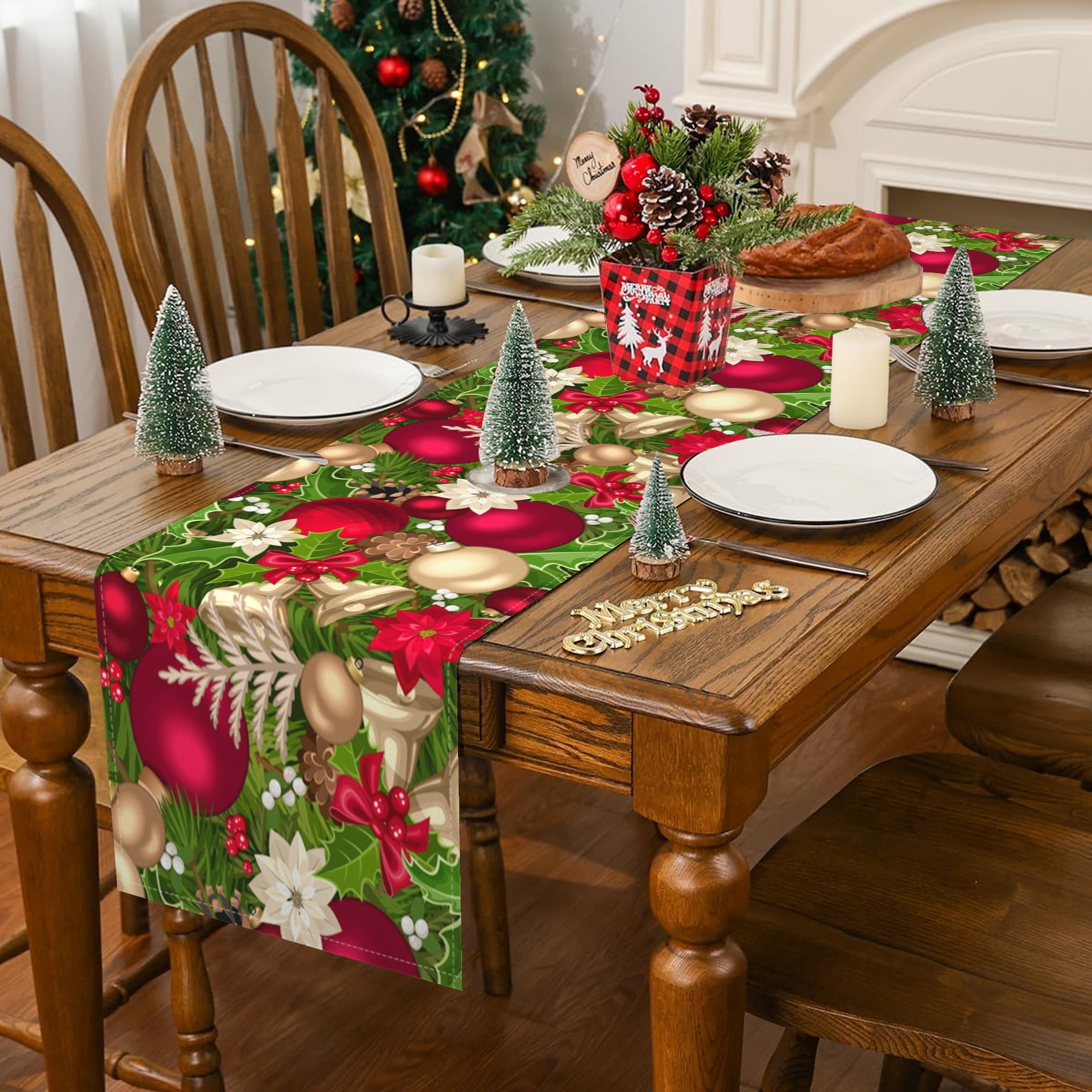 SUNOLIFE Merry Christmas Table Runner Xmas Balls Kitchen Dining Table ...