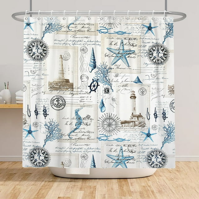 SUNOLIFE Nautical Coastal Shower Curtain,Ocean Beach Theme Waterproof ...
