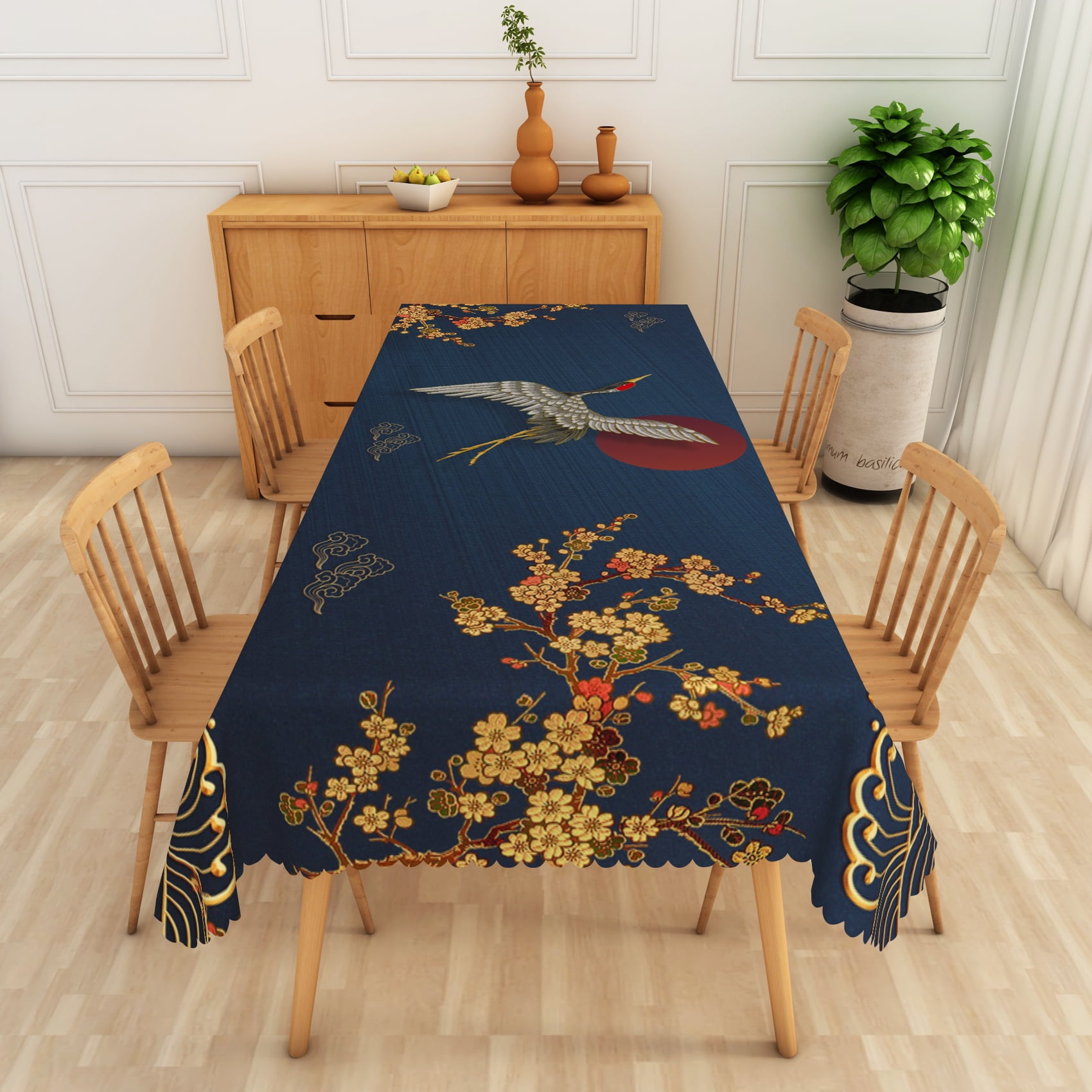 SUNOLIFE Navy Blue Japanese Tablecloth Rectangular Asian Chinese Table ...