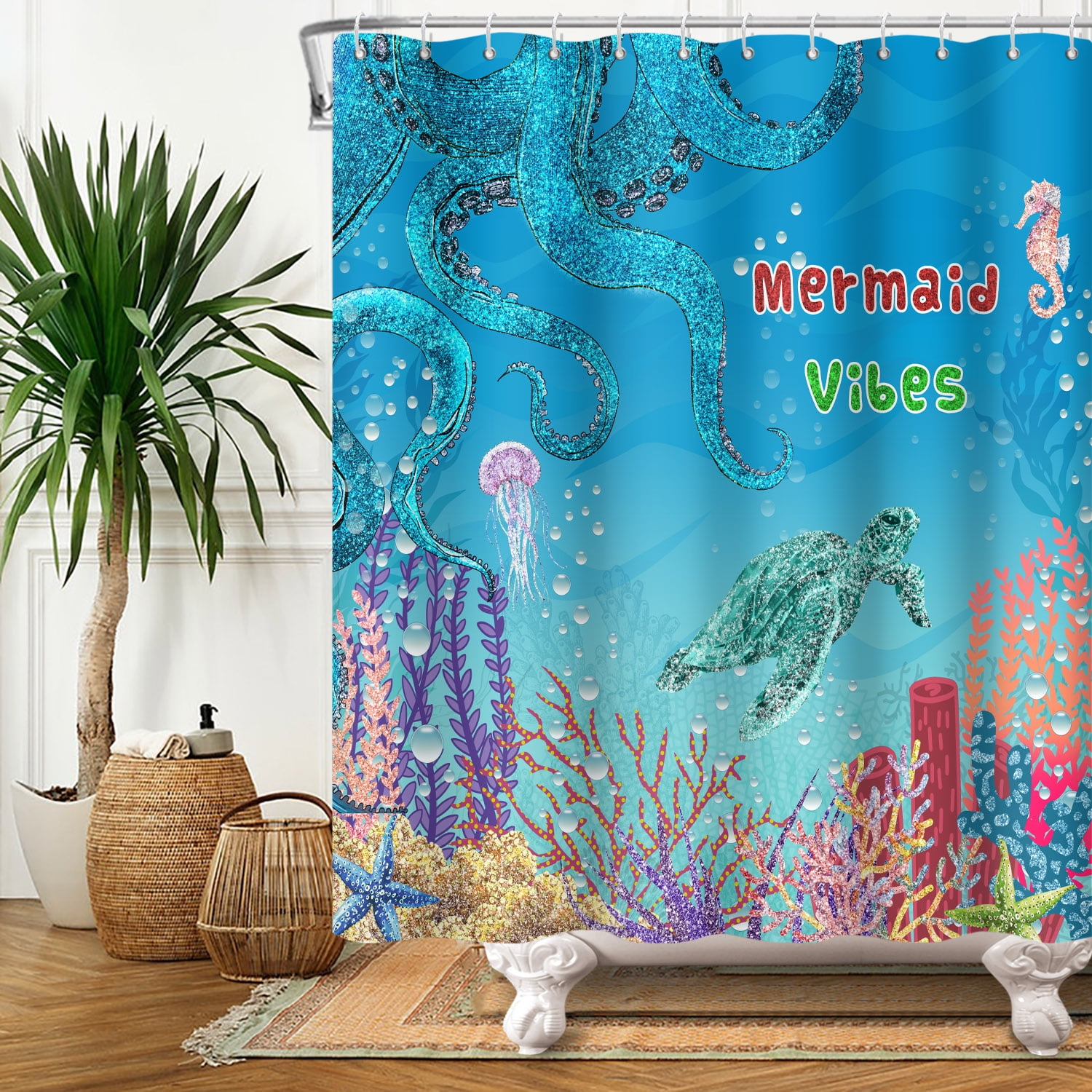 SUNOLIFE Ocean Beach Theme Shower Curtain,Sea Turtle Octopus Waterproof ...