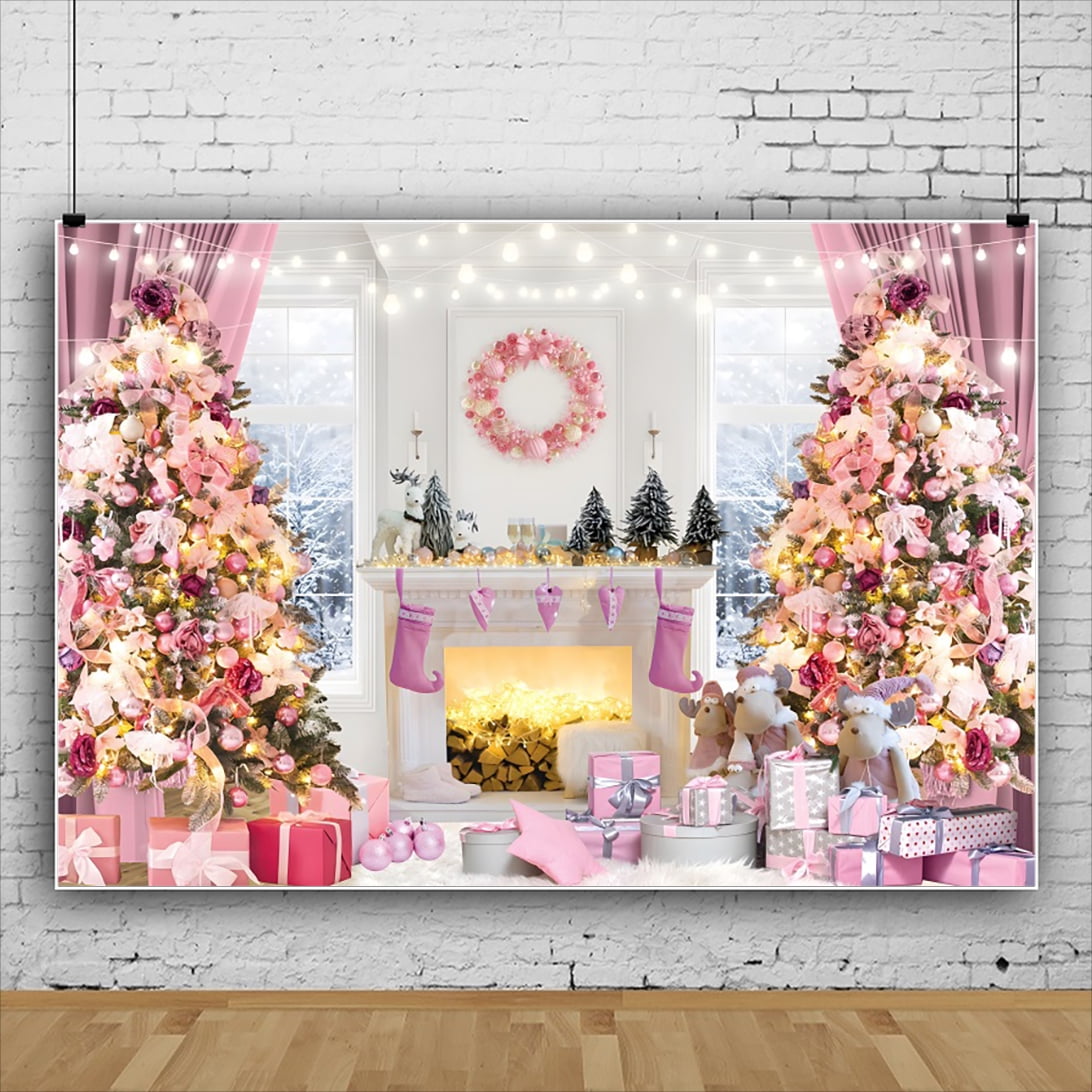 SUNOLIFE Pink Christmas Backdrop Banner Xmas Tree Photo Background ...