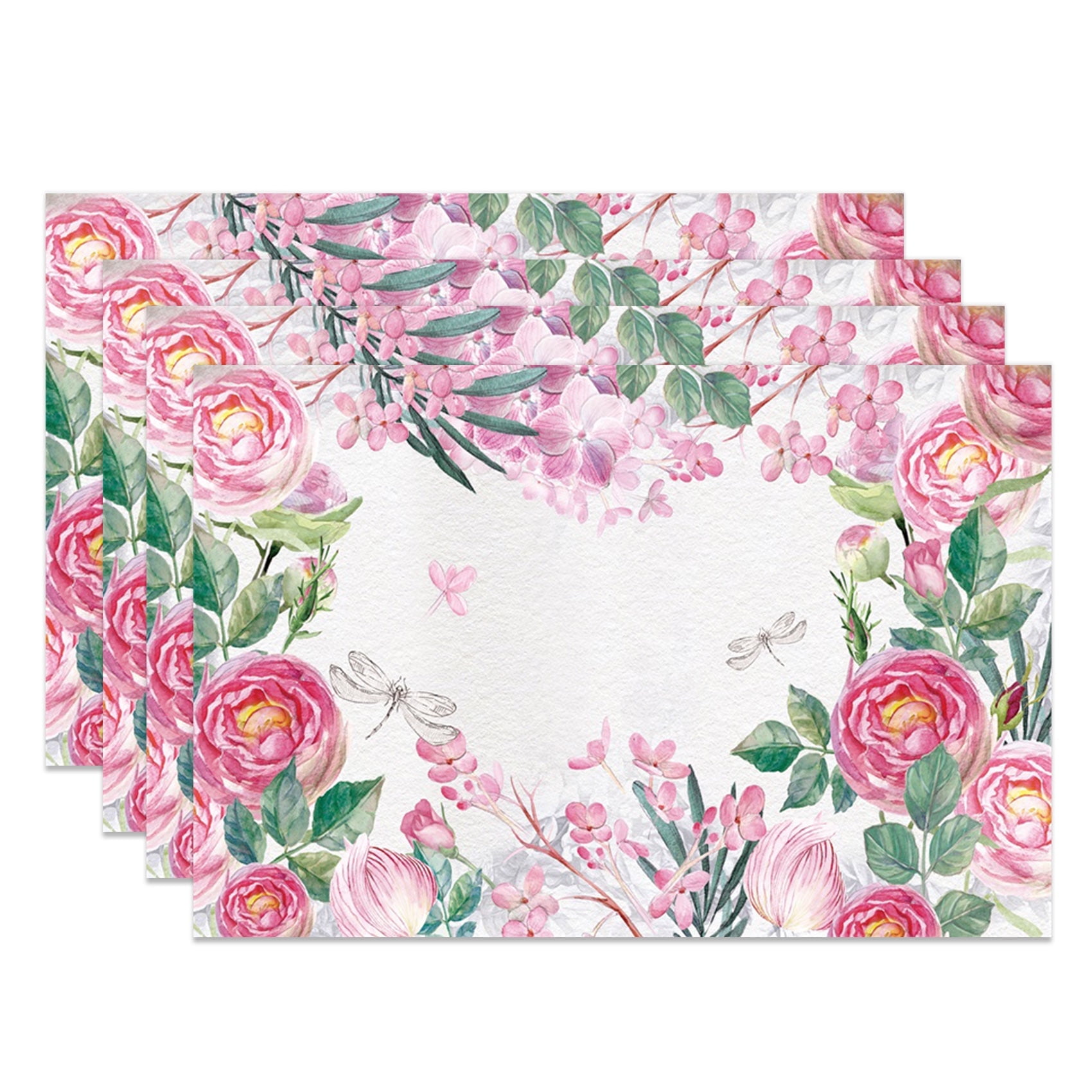 SUNOLIFE Pink Floral Placemats Rose Flowers Table Mats Set of 4,Spring ...