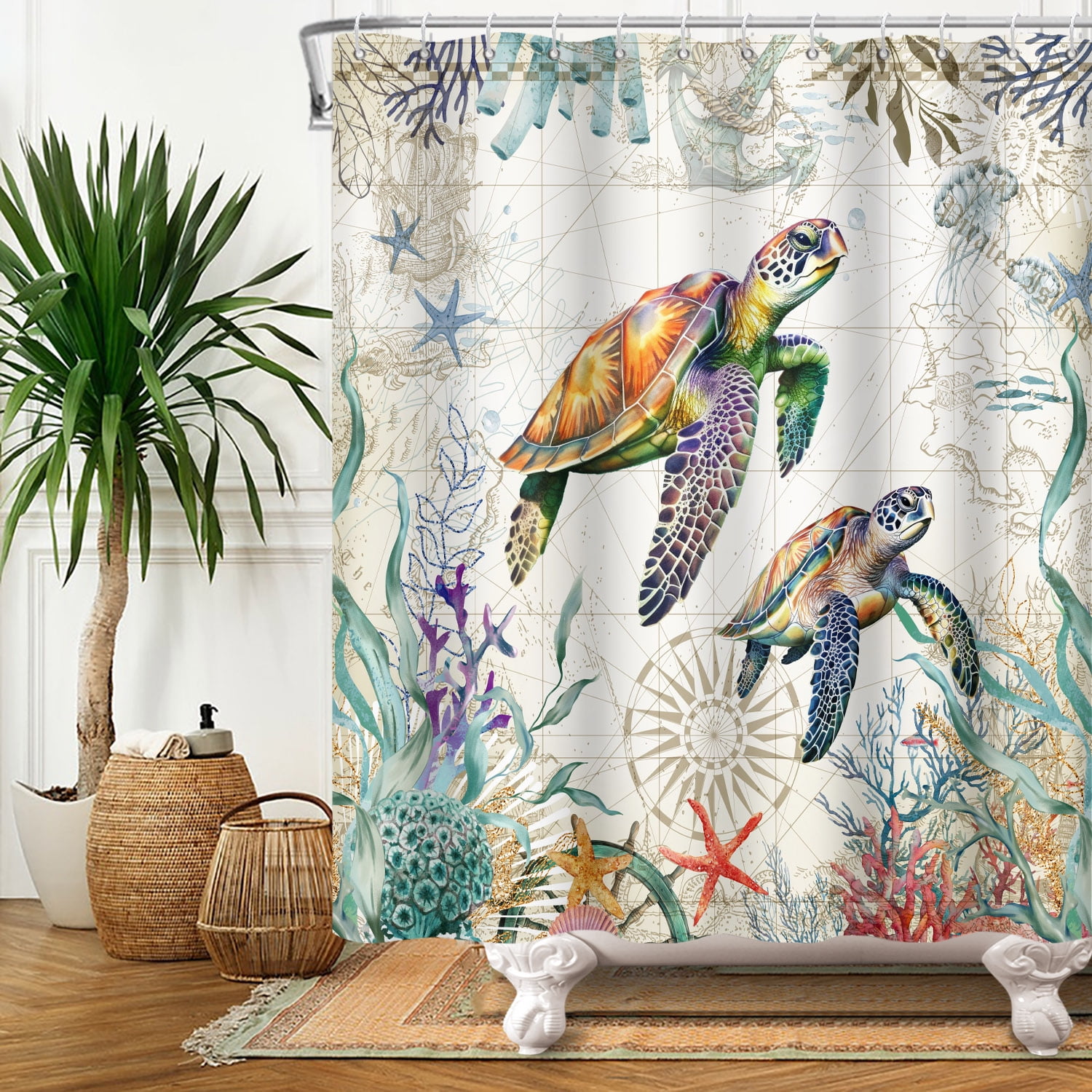 SUNOLIFE Sea Turtle Shower Curtain,Ocean Beach Theme Waterproof Fabric ...