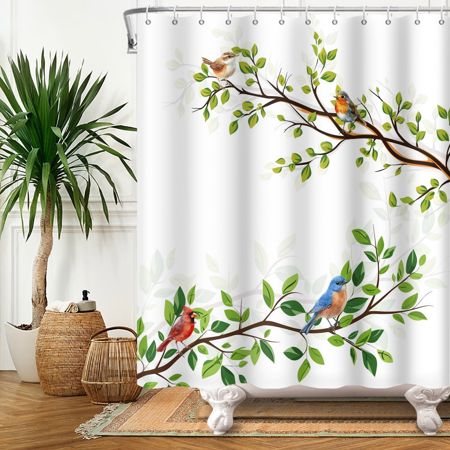 SUNOLIFE Spring Birds Shower Curtain Hummingbird Leaves Tree Fabric ...