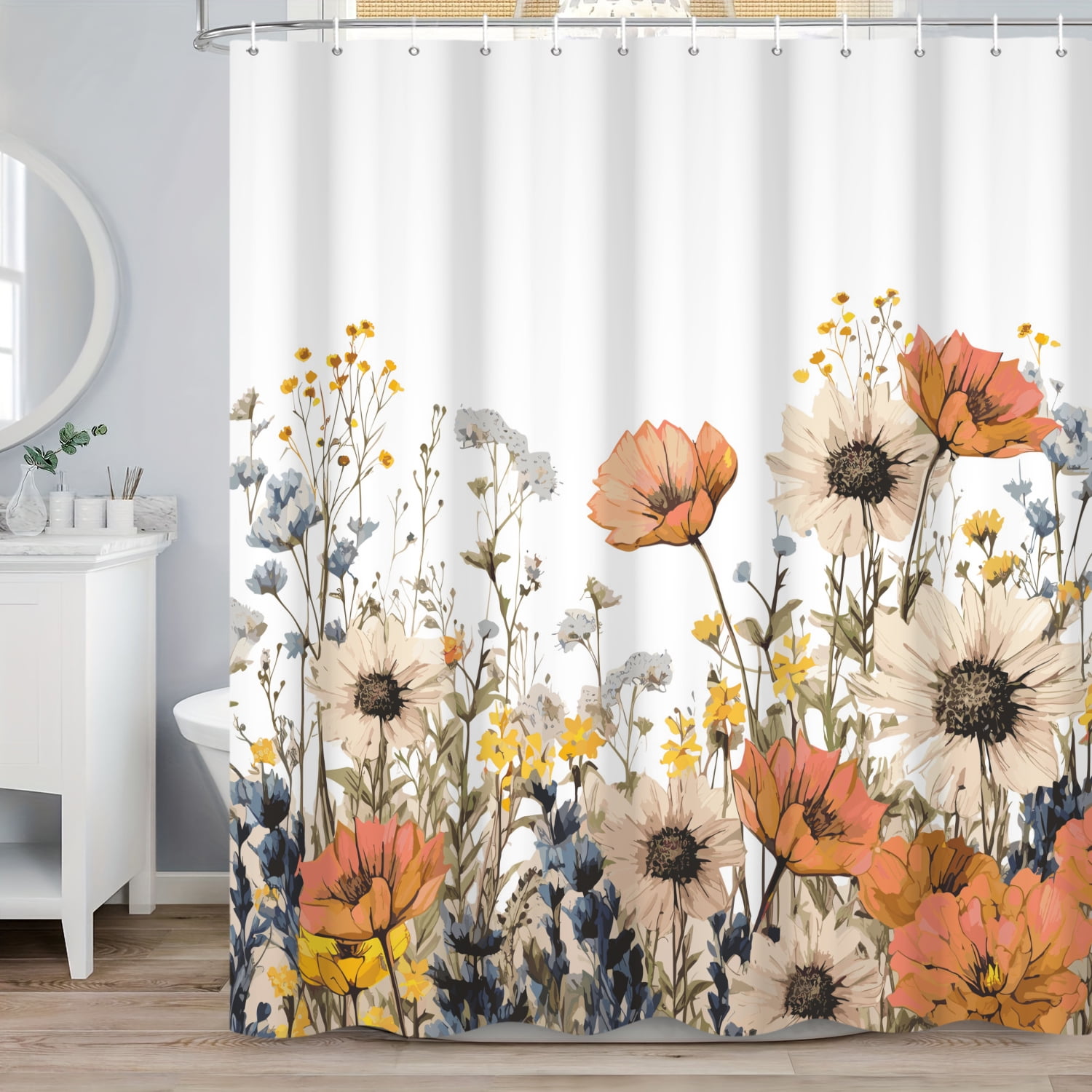 SUNOLIFE Spring Floral Shower Curtain,Orange Flowers Waterproof ...