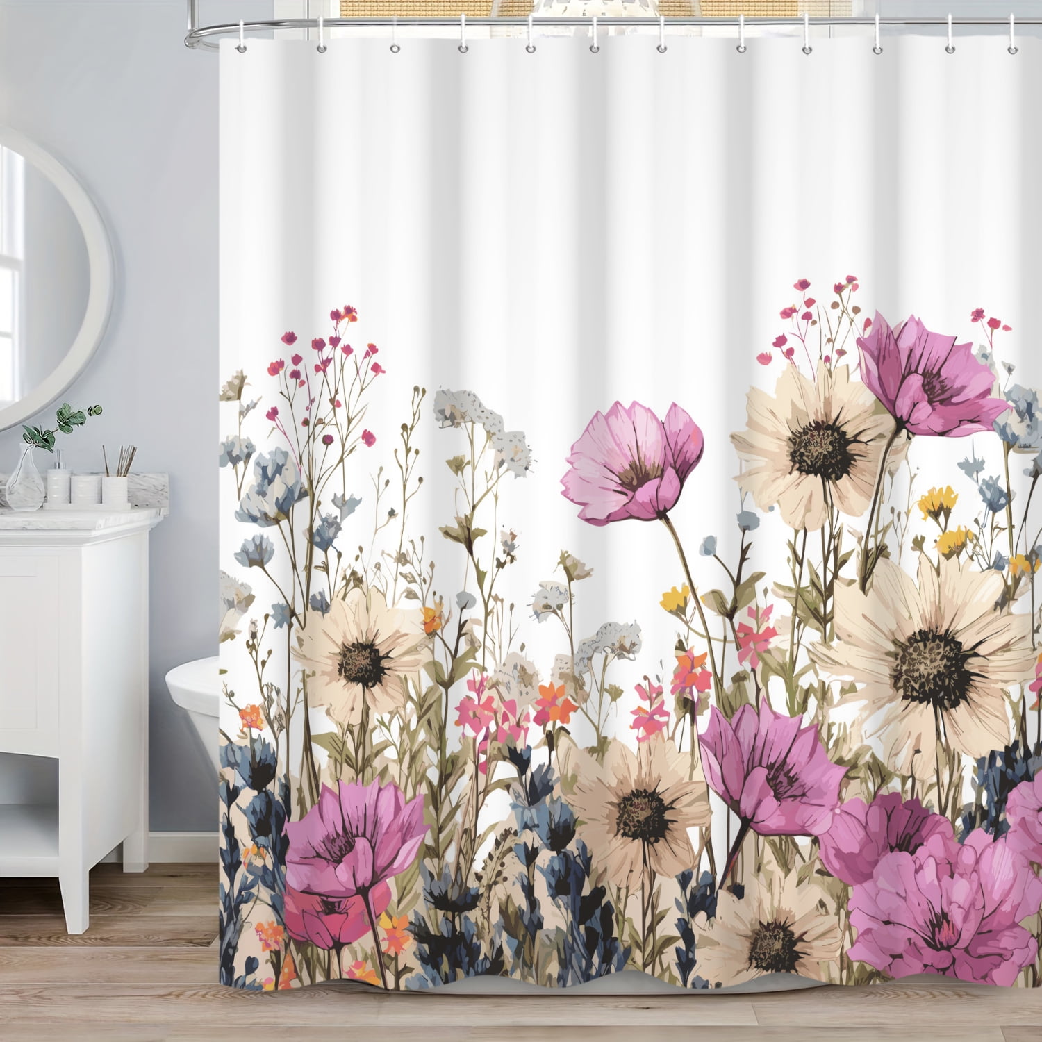 SUNOLIFE Spring Floral Shower Curtain,Pink Flowers Waterproof Polyster ...