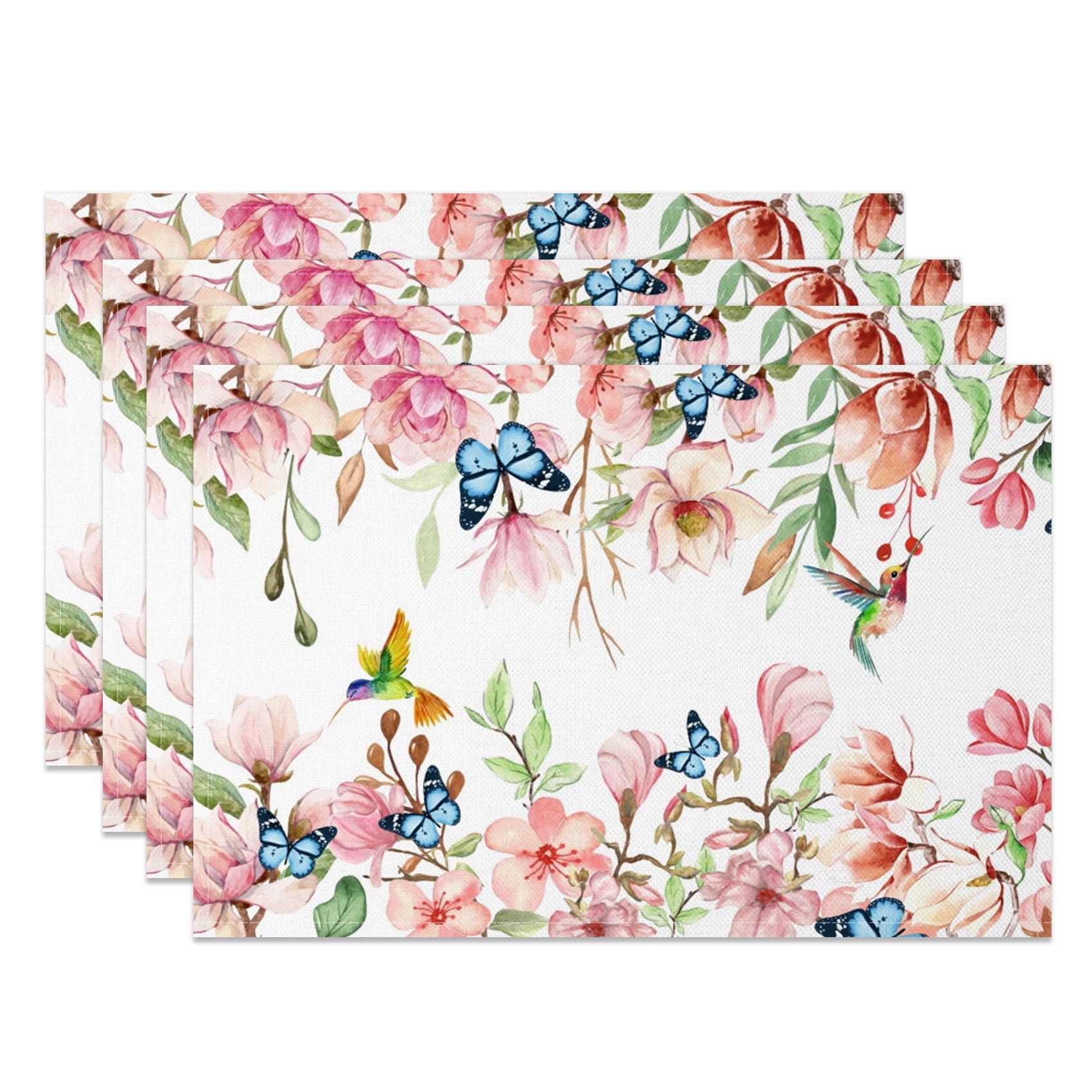 SUNOLIFE Spring Floral with Butterfly Placemats Set of 4,Pink Flowers ...
