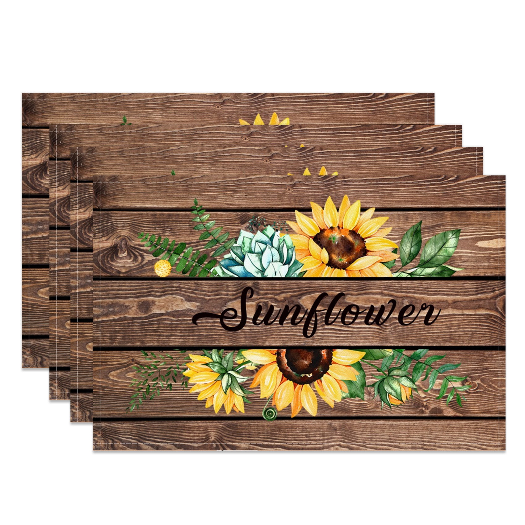 SUNOLIFE Sunflower Placemats Brown Wood Table Mats Set of 4,Rustic ...