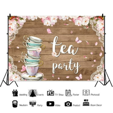 7×5FT Tea Party Backdrop Pink Rose Floral Gold Butterfly Teapot Let's ...