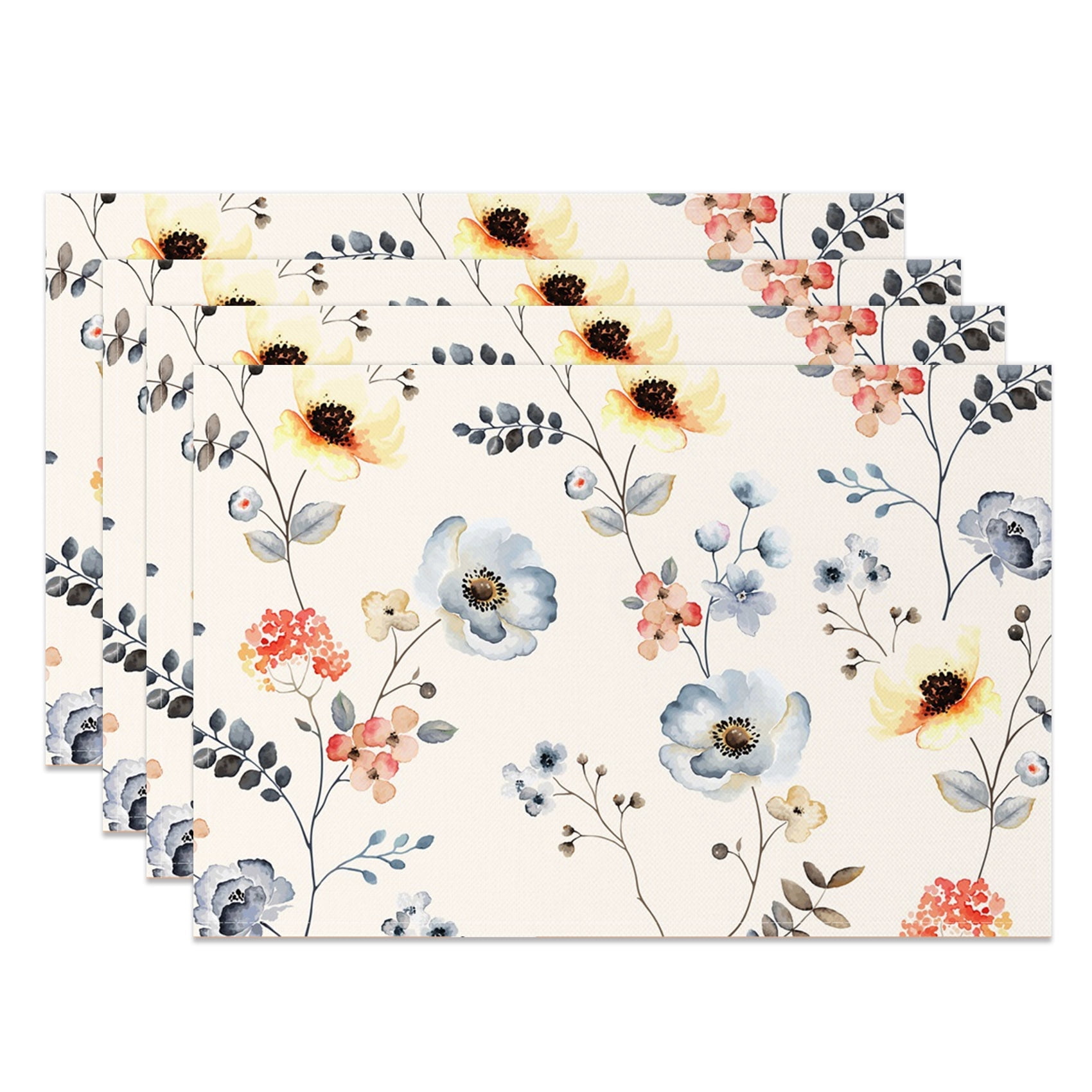SUNOLIFE Watercolor Floral Placemats Flower Table Mats Set of 4,Spring ...