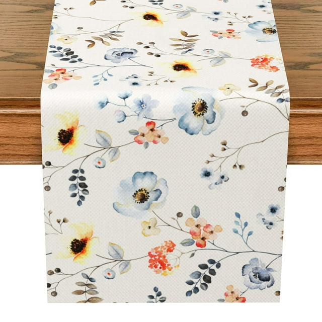 SUNOLIFE Watercolor Floral Linen Table Runners Spring Flowers Table ...