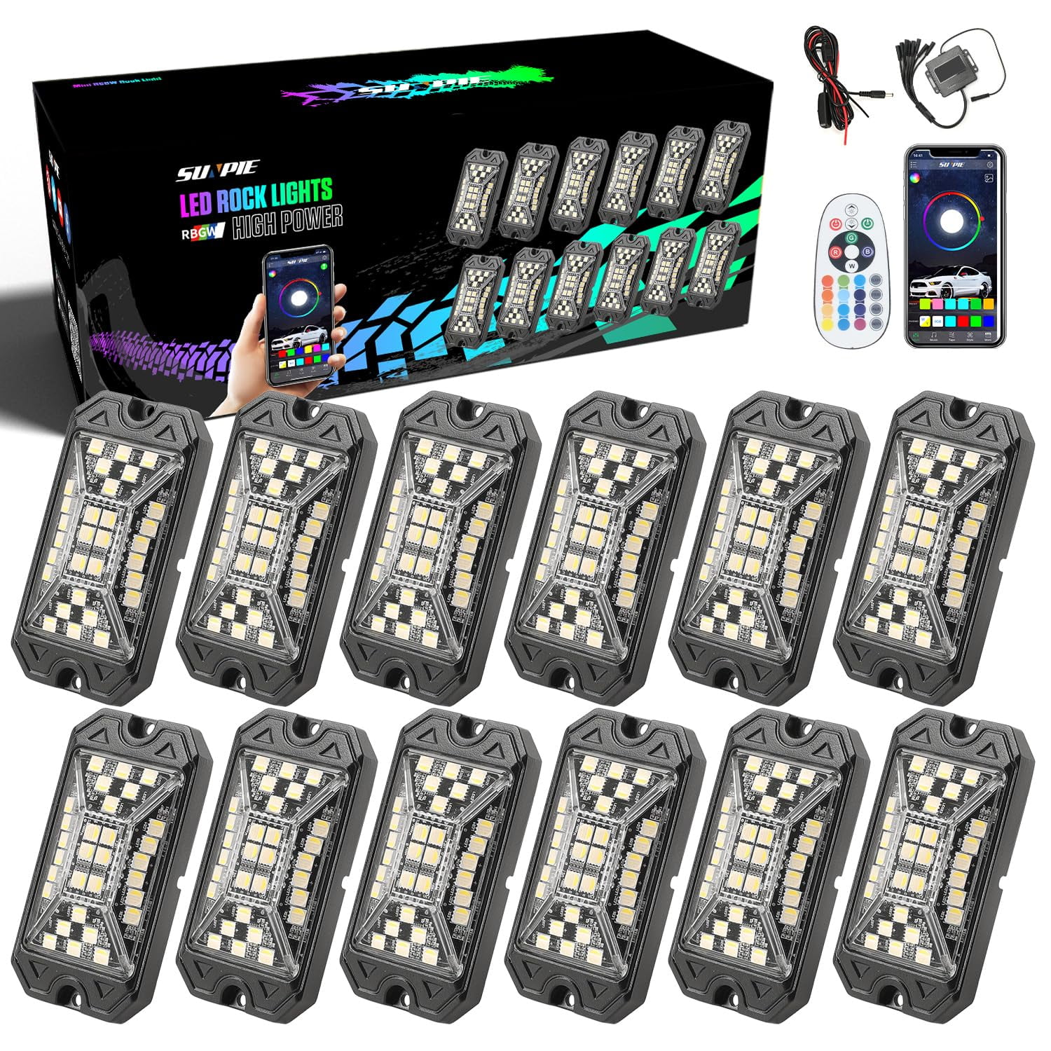 SUNPIE 12 Pods RGBW KEF16 Rock Lights, Full Angle, 30 High Power Chips ...