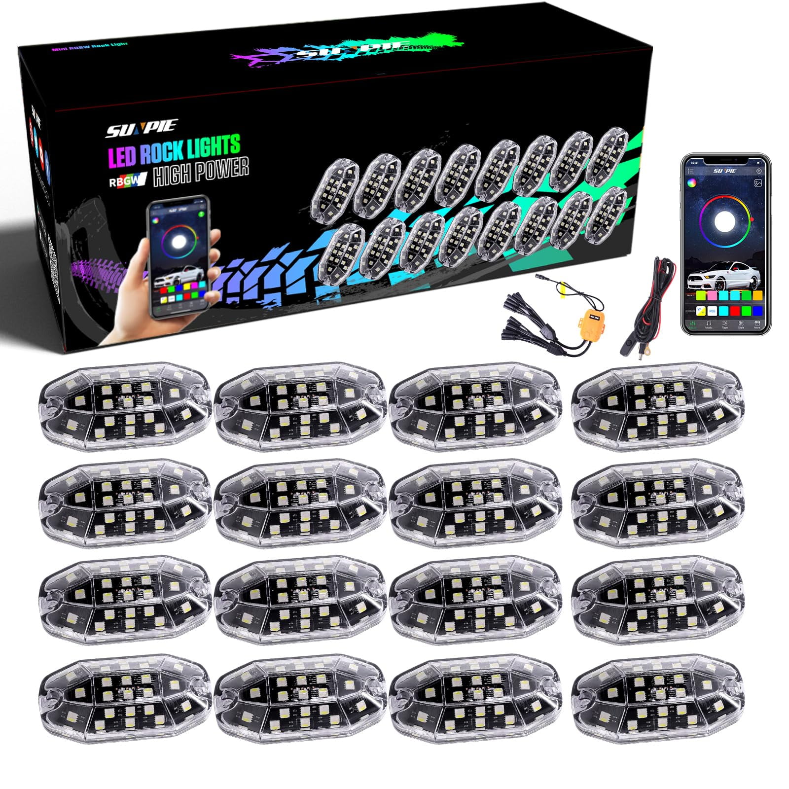 SUNPIE 16 Pods T15 RRF12 Side RGBW Rock Lights High Power Aluminium ...