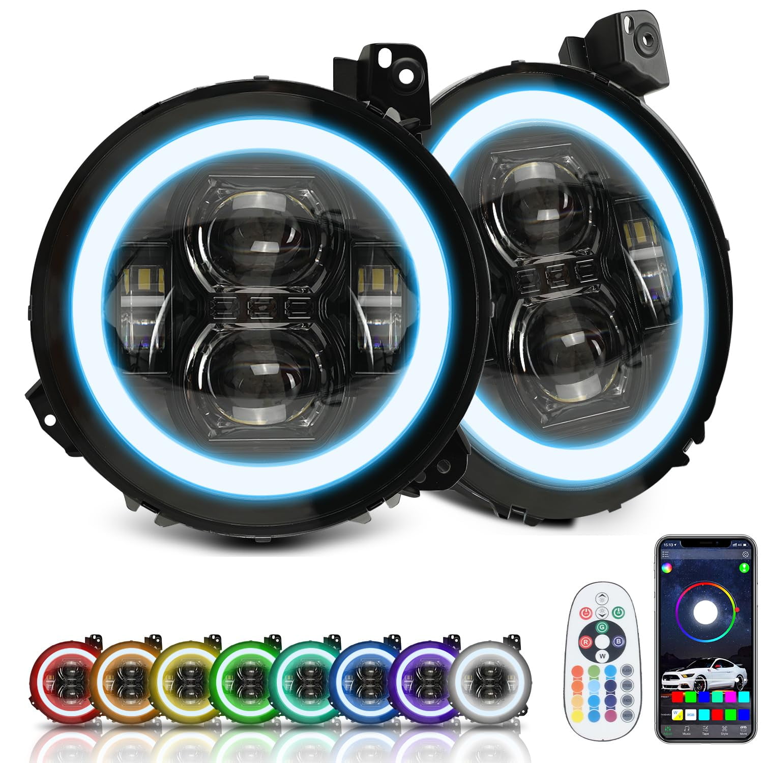SUNPIE 9 Inch RGBW Halo LED Head lights APP Control Remote Control 20 ...