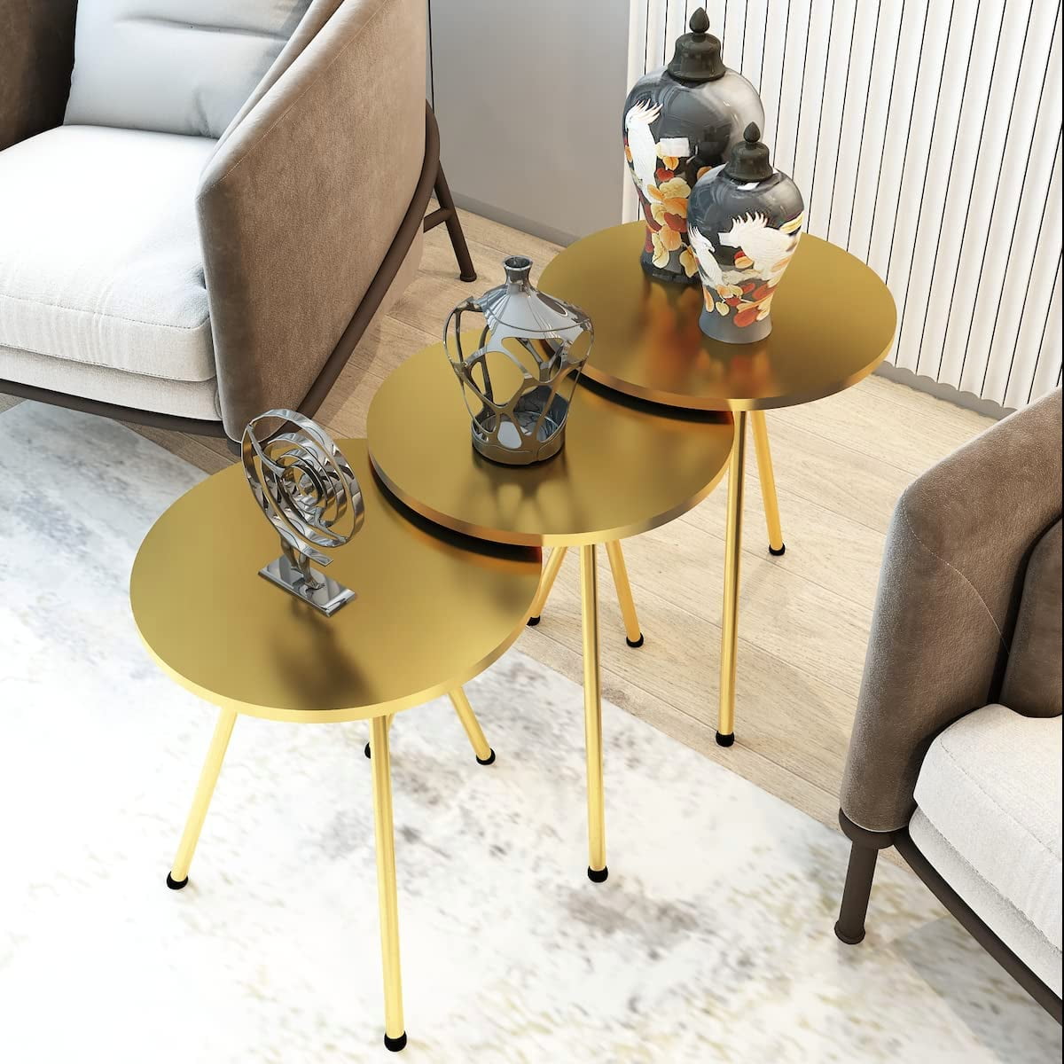 SUNRISE - Set of 3 High Gloss Gold Nesting End Tables - Round Stacking ...