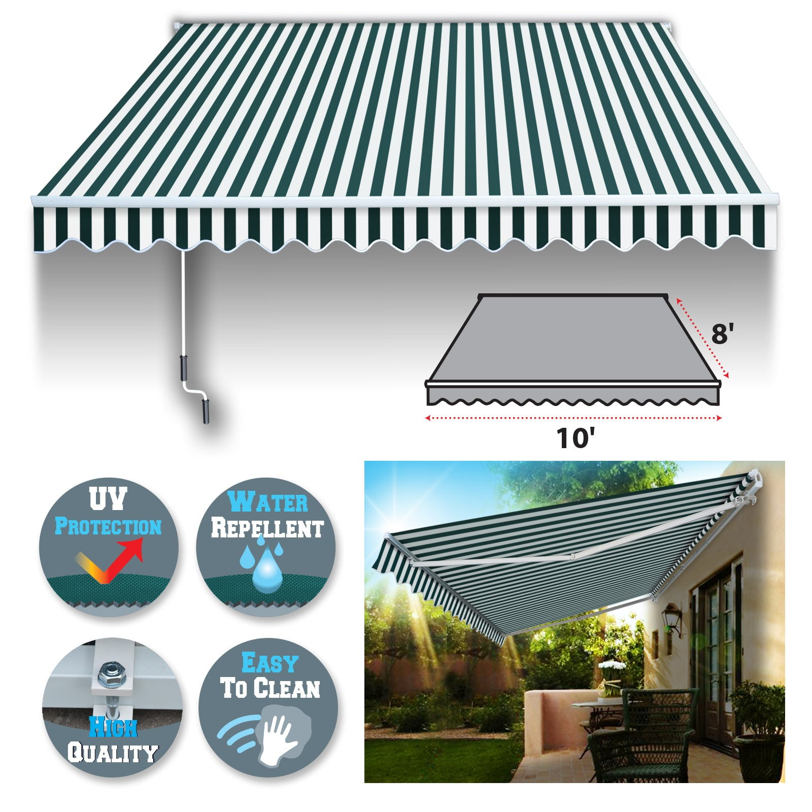 SUNRISEUMBRELLA 10'x8'Outdoor Patio Awning Retractable Awning Sun Shade ...