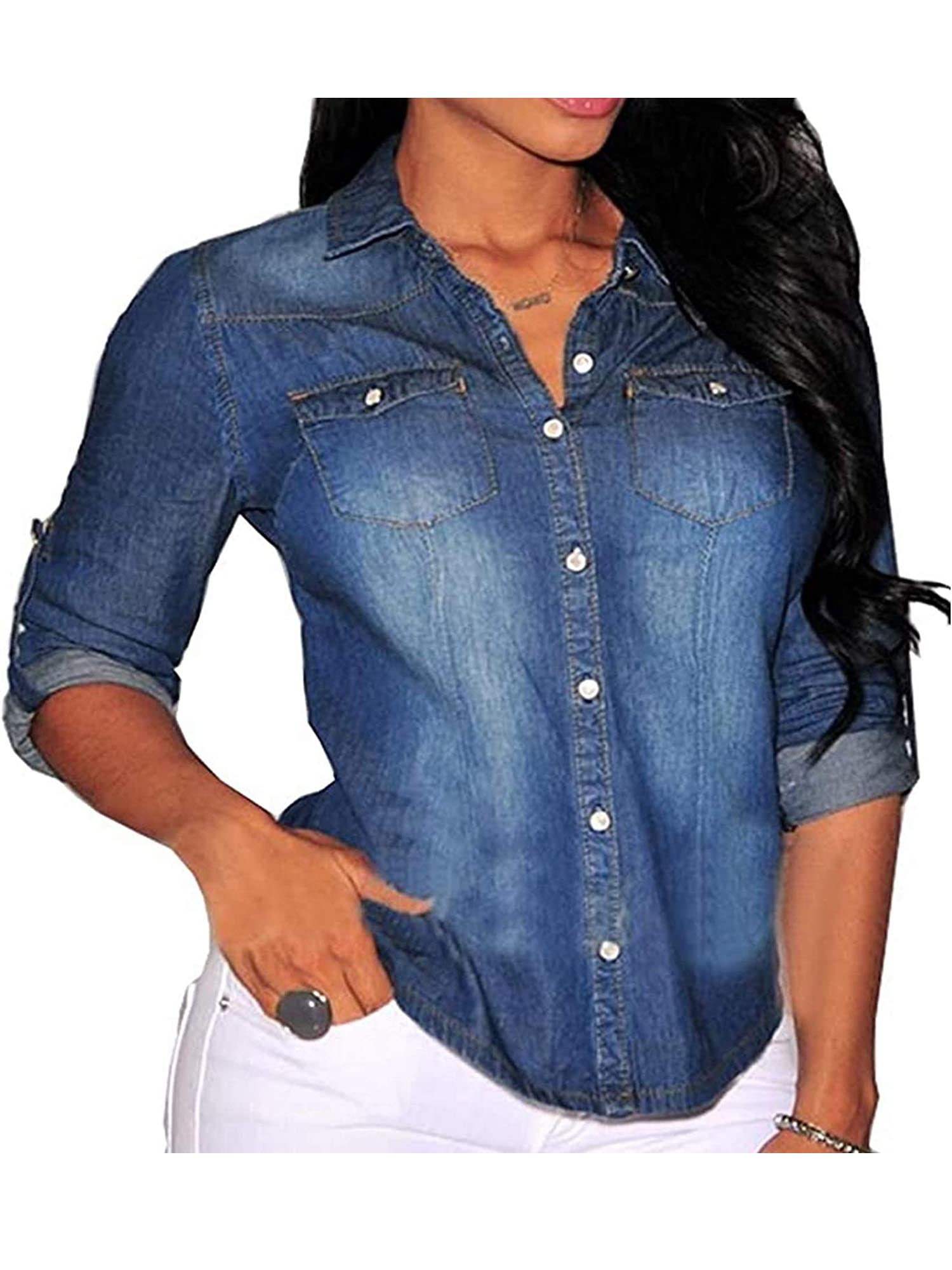 SUNSIOM Retro Women Denim Shirts Blue Jean Fitted Long Sleeve Stand-up ...