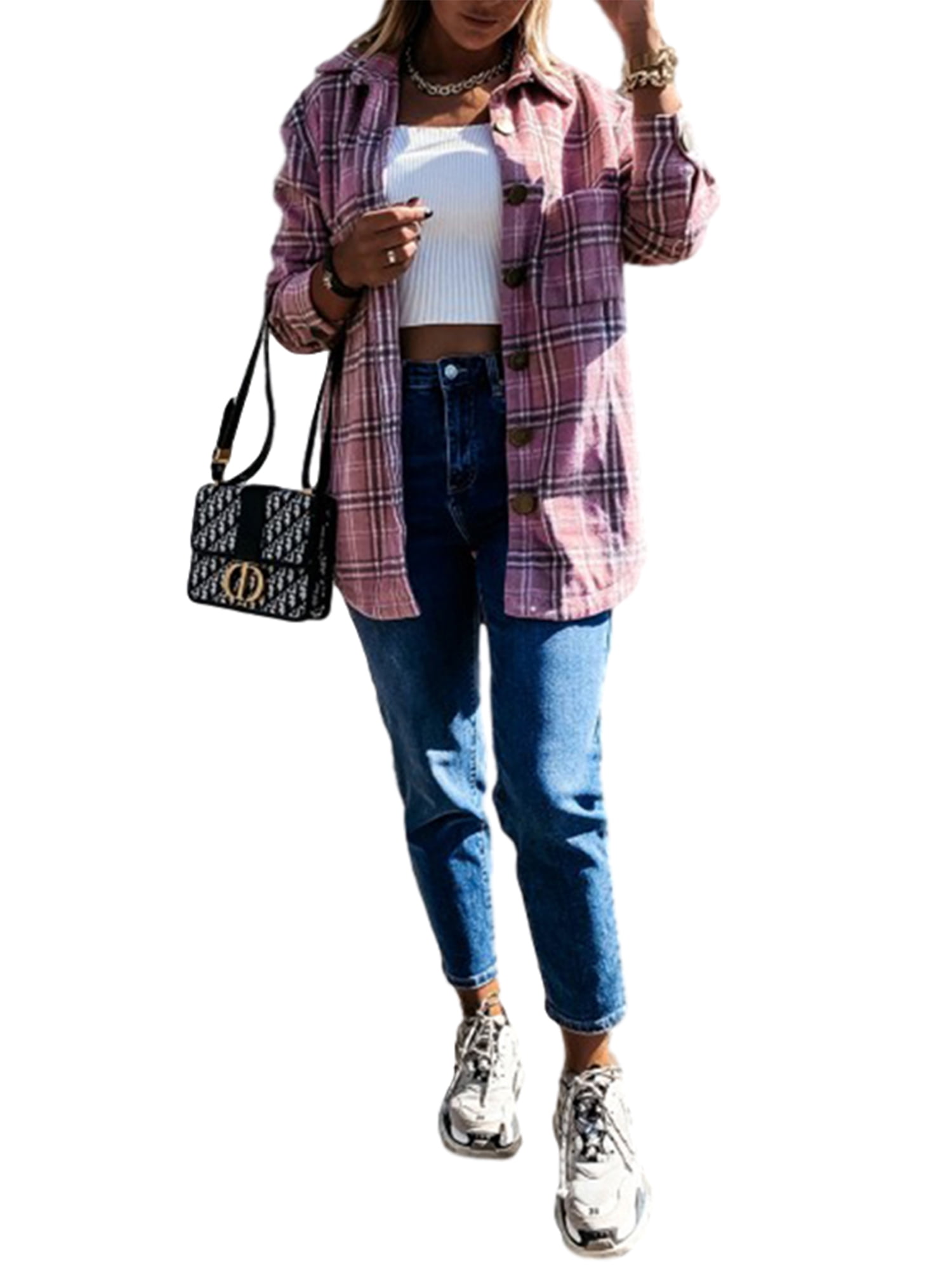 SUNSIOM Women's Plaid Flannel Shirt Coat Tops Long Sleeve Lapel Buttons ...