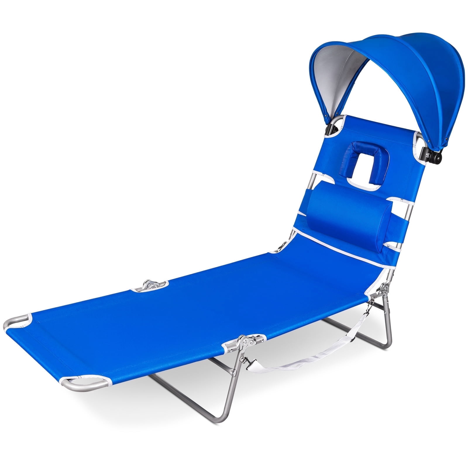 SUNSPIRE Folding Beach Lounge Chair with Face Hole Canopy Pillow Side ...