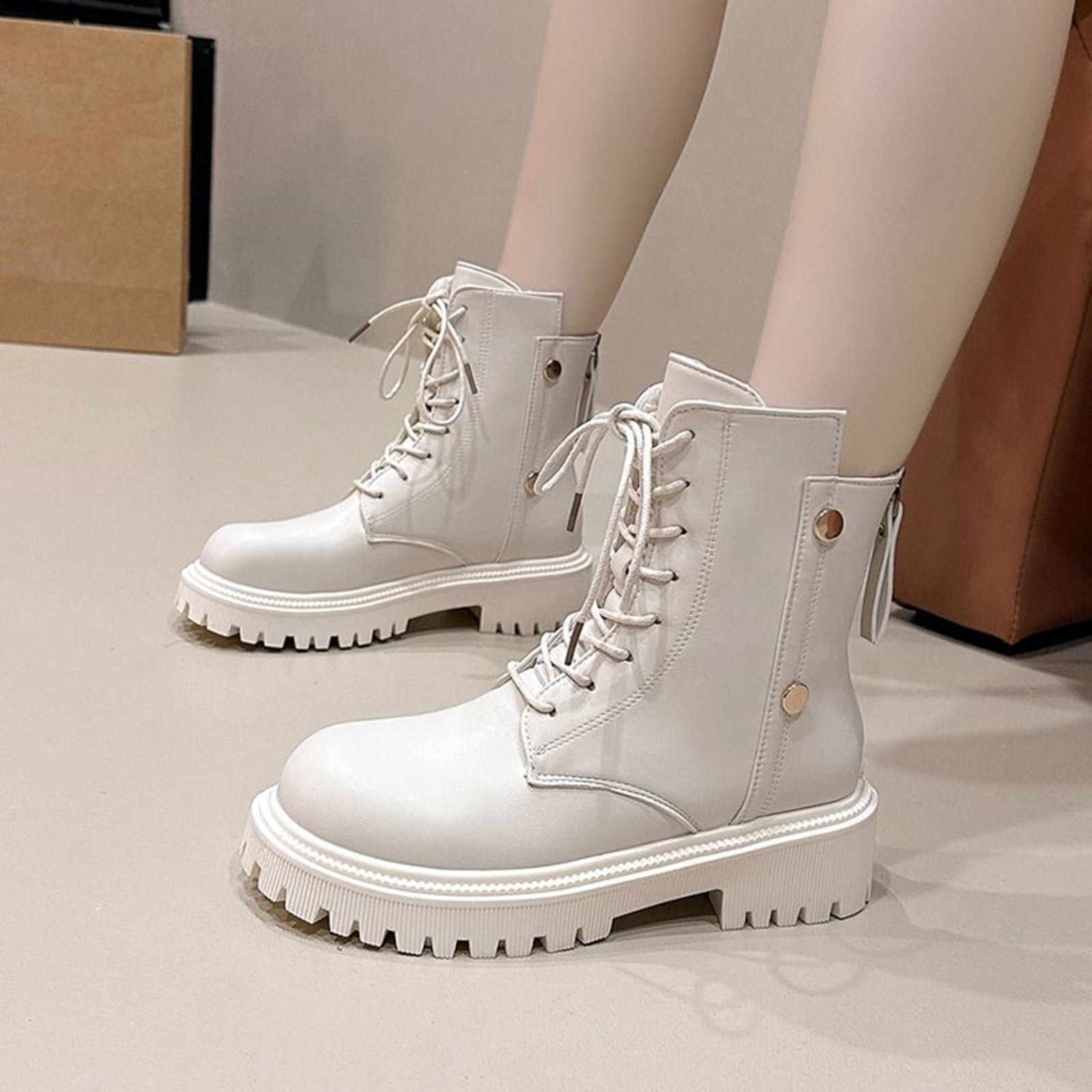 SUNVIT Beige Womens Combat Boots (EU 38) - PU Faux Leather-Like, Thick ...