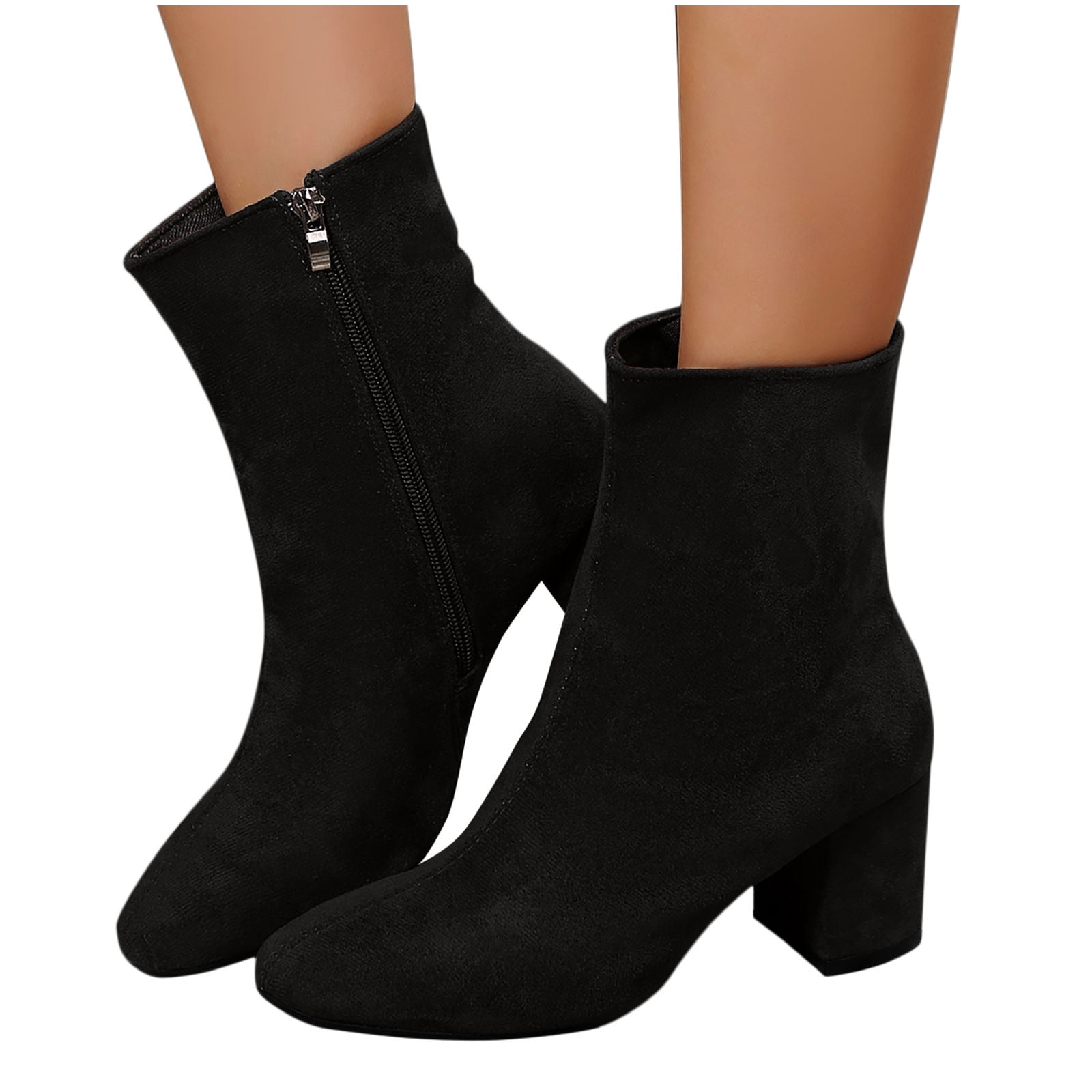 SUNVIT Womens Black Ankle Boots - Flock Material with Pointed Toe, Side ...