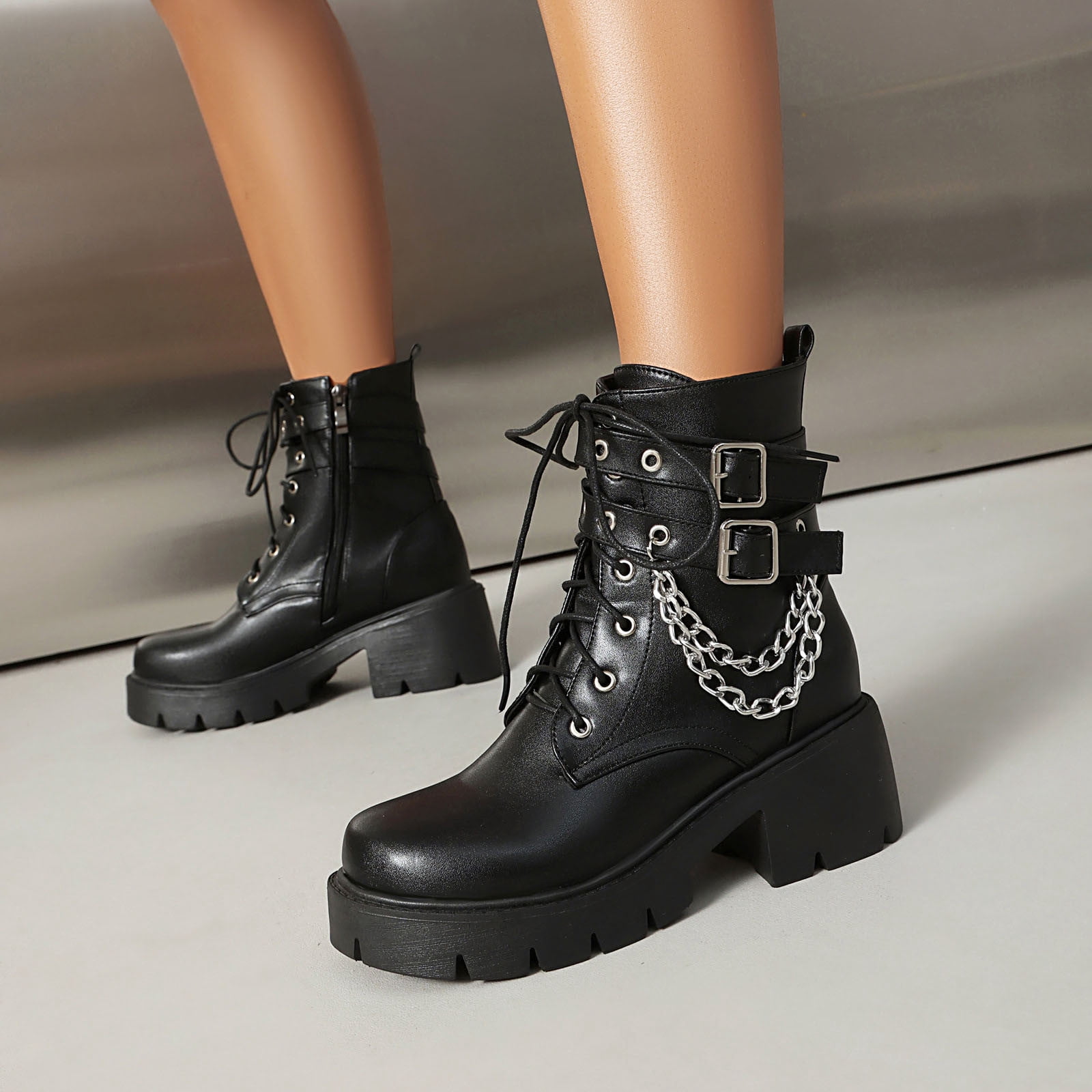 SUNVIT Womens Black Chunky Platform Combat Boots - EU 37 (US 7), Punk ...