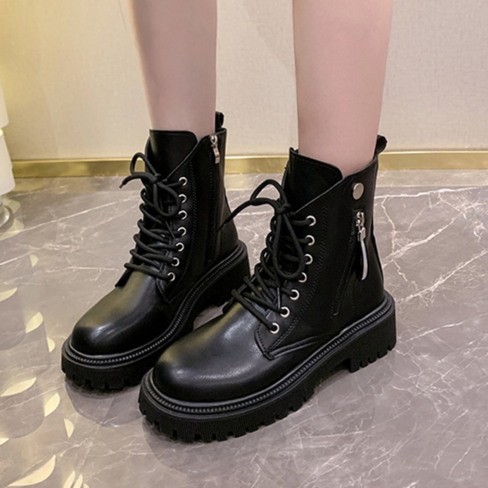 SUNVIT Womens Black Comfortable Combat Boots High-Quality PU Chunky ...