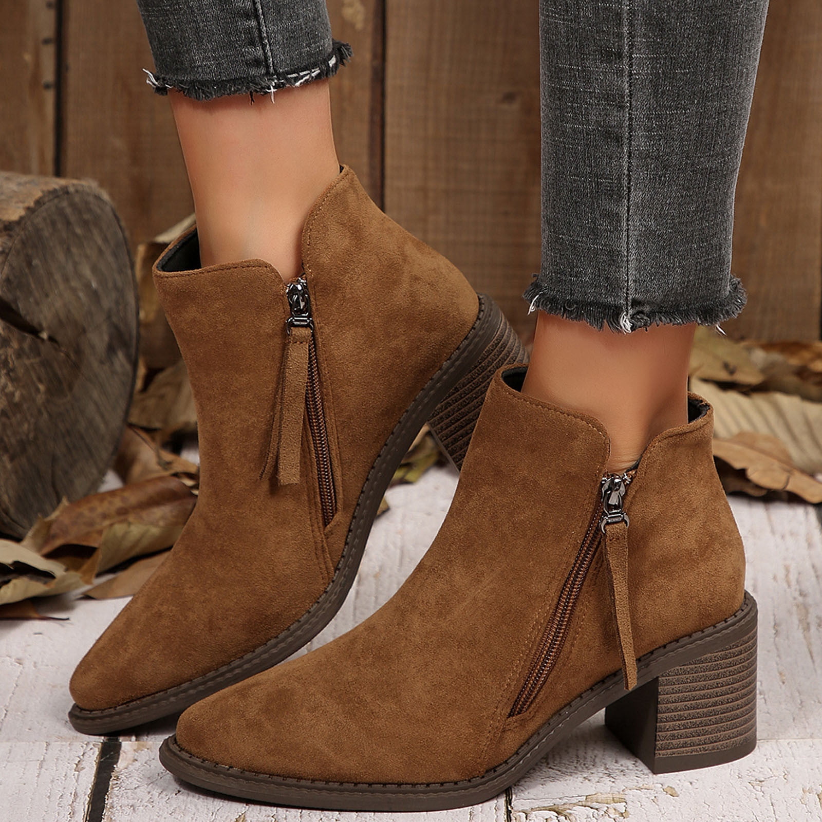 SUNVIT Womens Brown Ankle Boots Size 43 - Block Heel, Suede-Like Flock ...