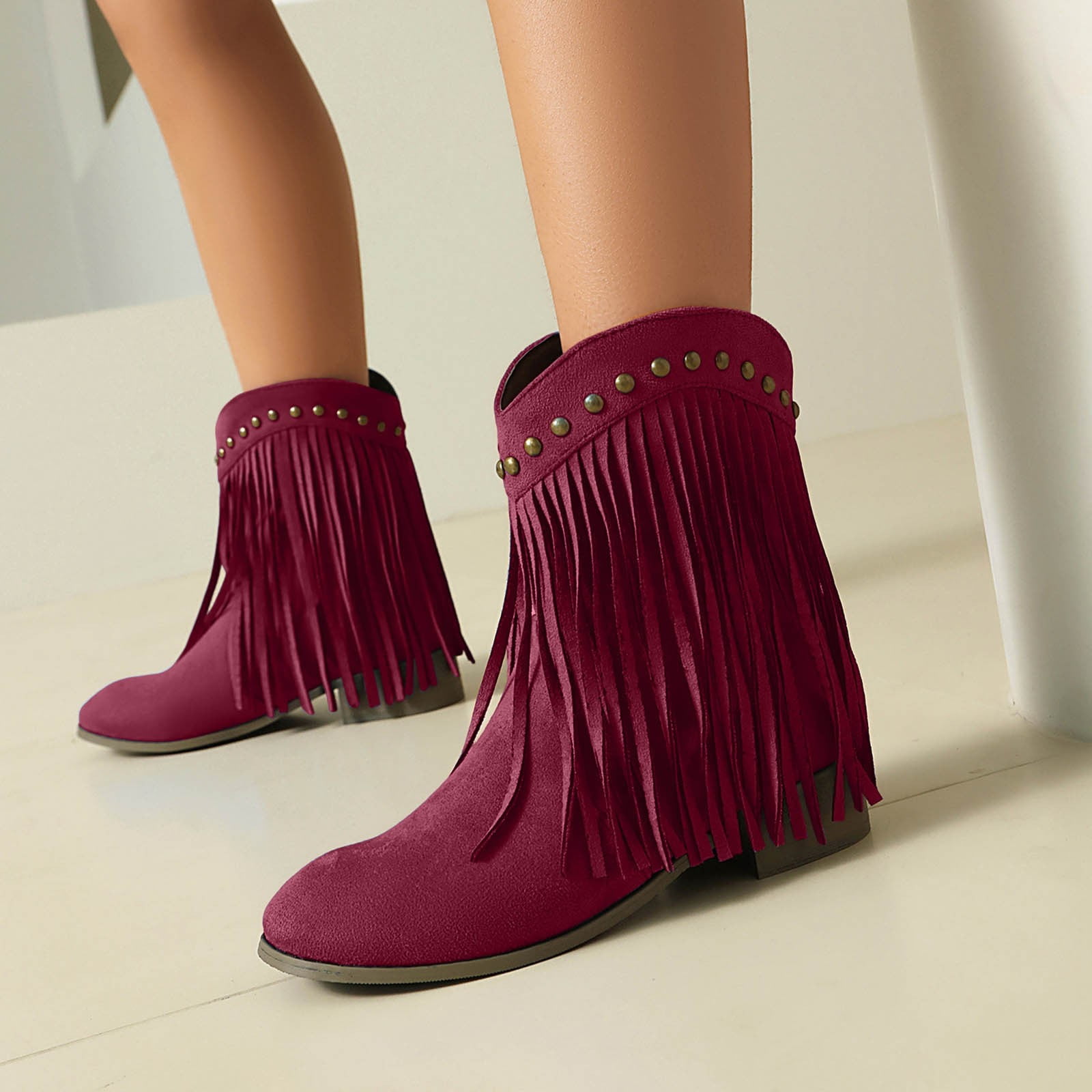 SUNVIT Womens Retro Fringe Boots with Gold Studs - Flock Material, Wine ...