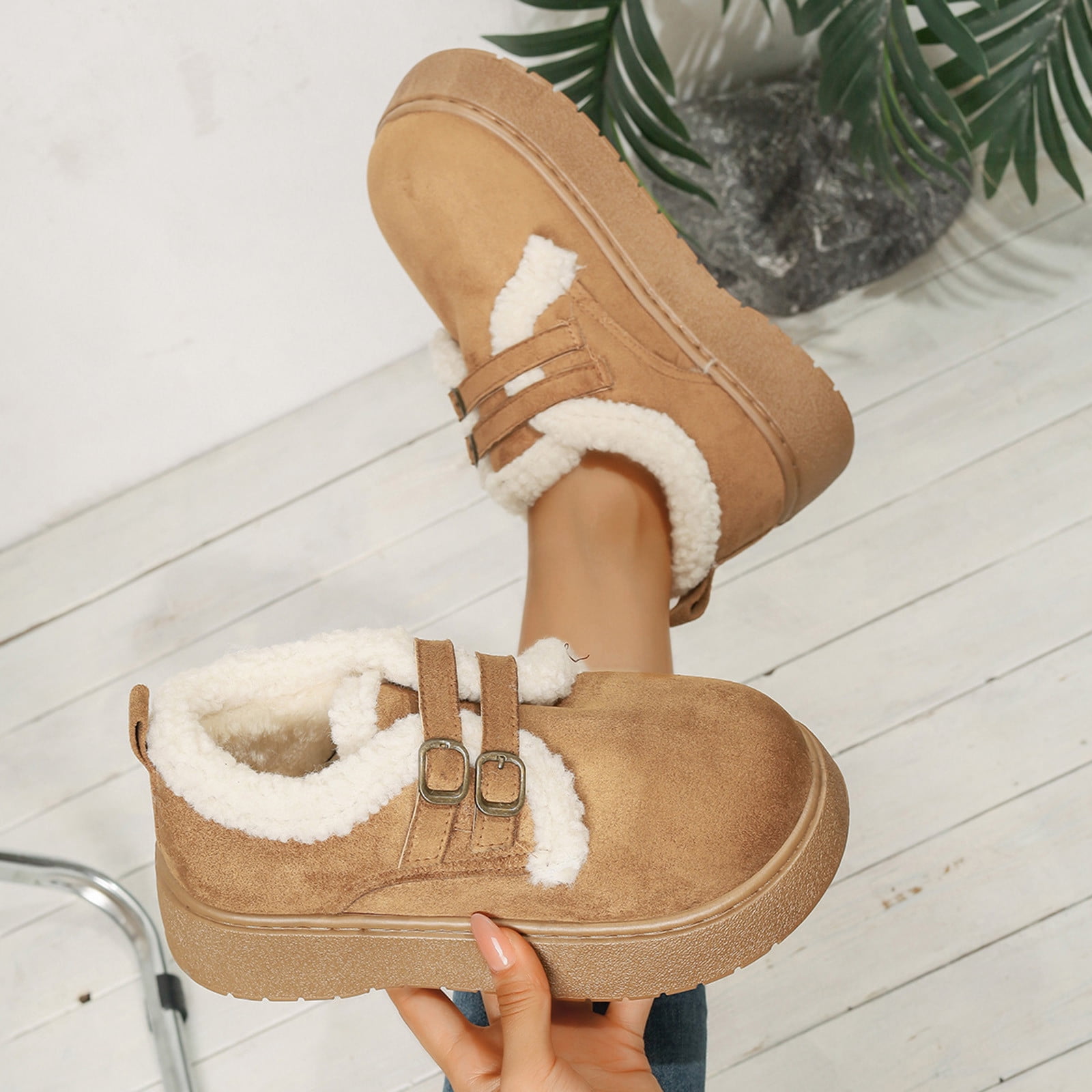 SUNVIT Womens Warm Fleece Lined Flock Platform Shoes with Buckle Detail ...
