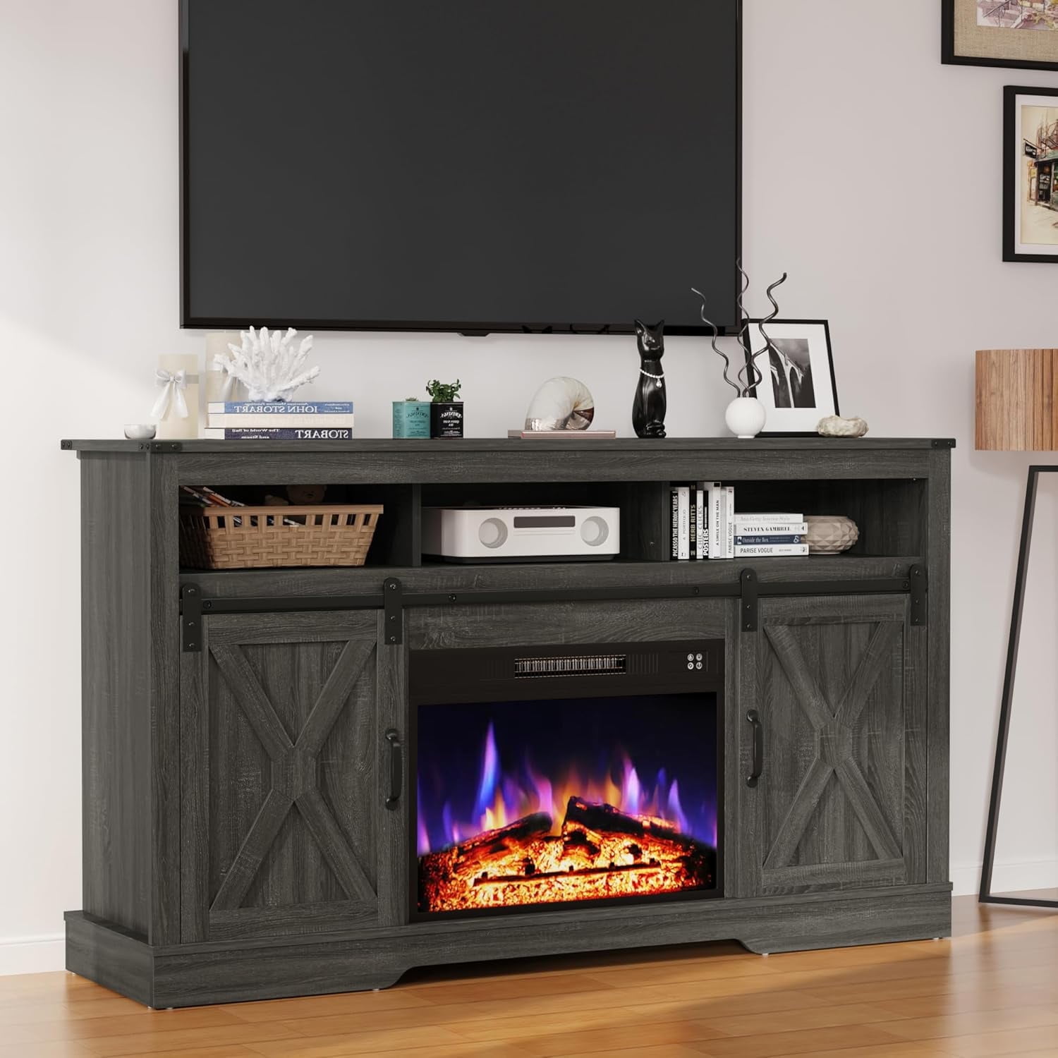 SUNVIVI Farmhouse Fireplace TV Stand for 65+ Inch TV, Entertainment ...