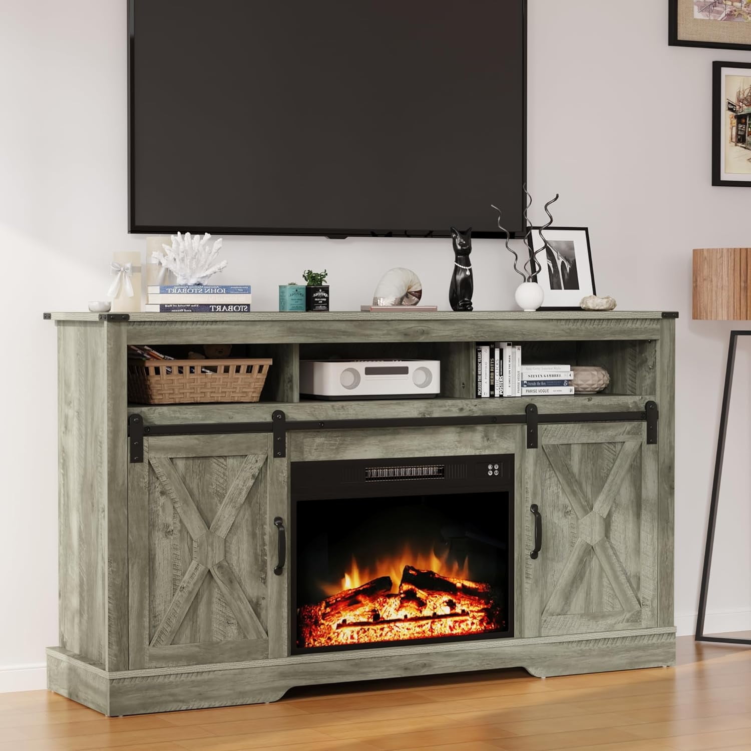 Sunvivi Farmhouse TV Stand for 65 Inch TV, Rustic Gray Entertainment ...