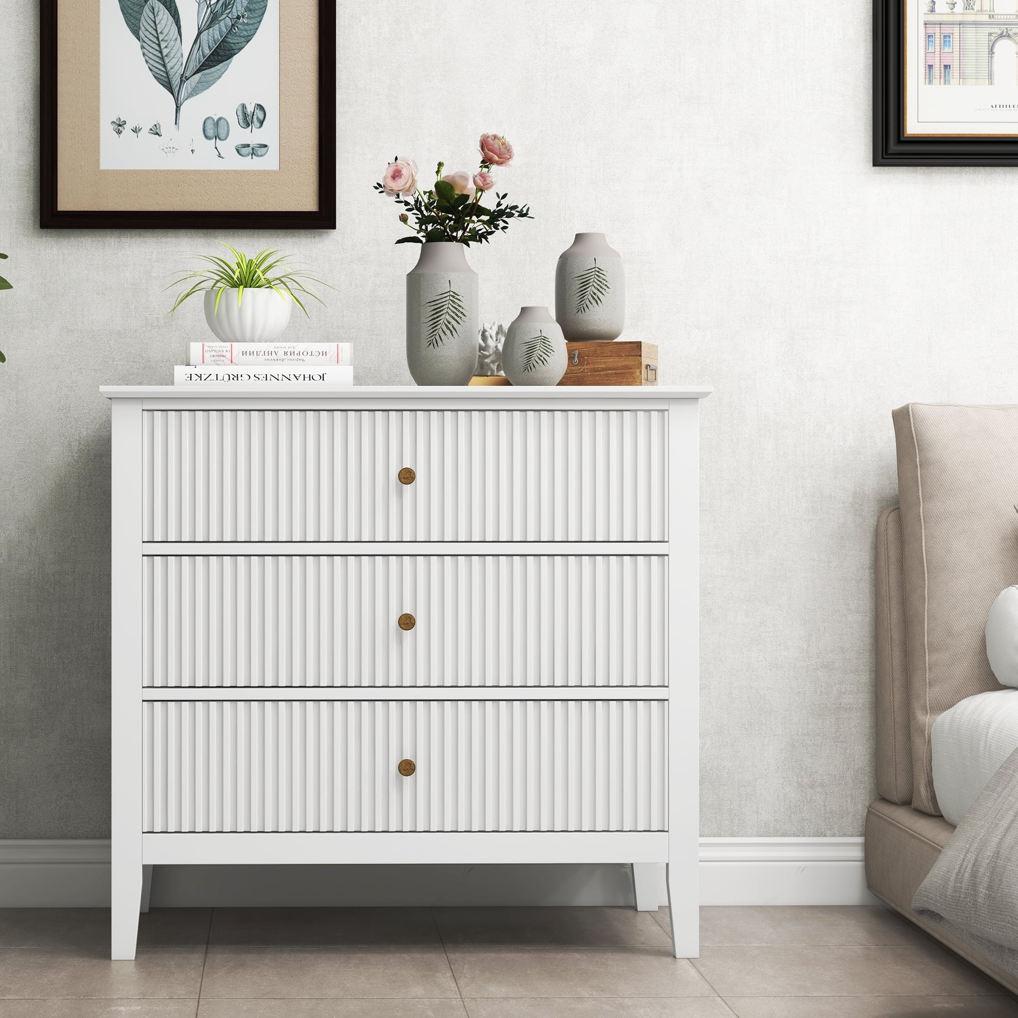 SUNVIVI Large Morden Vertical Stripes Dresser, Painted Wide Chest of Drawers,Wooden Storage ...