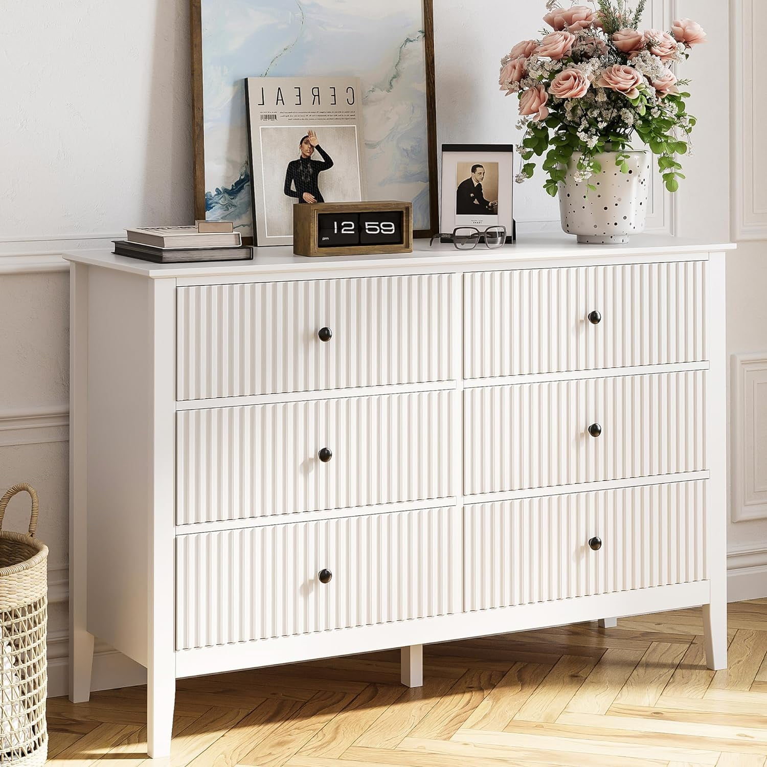 SUNVIVI Morden Vertical Stripes Dresser, Painted Wide Chest of Drawers ...