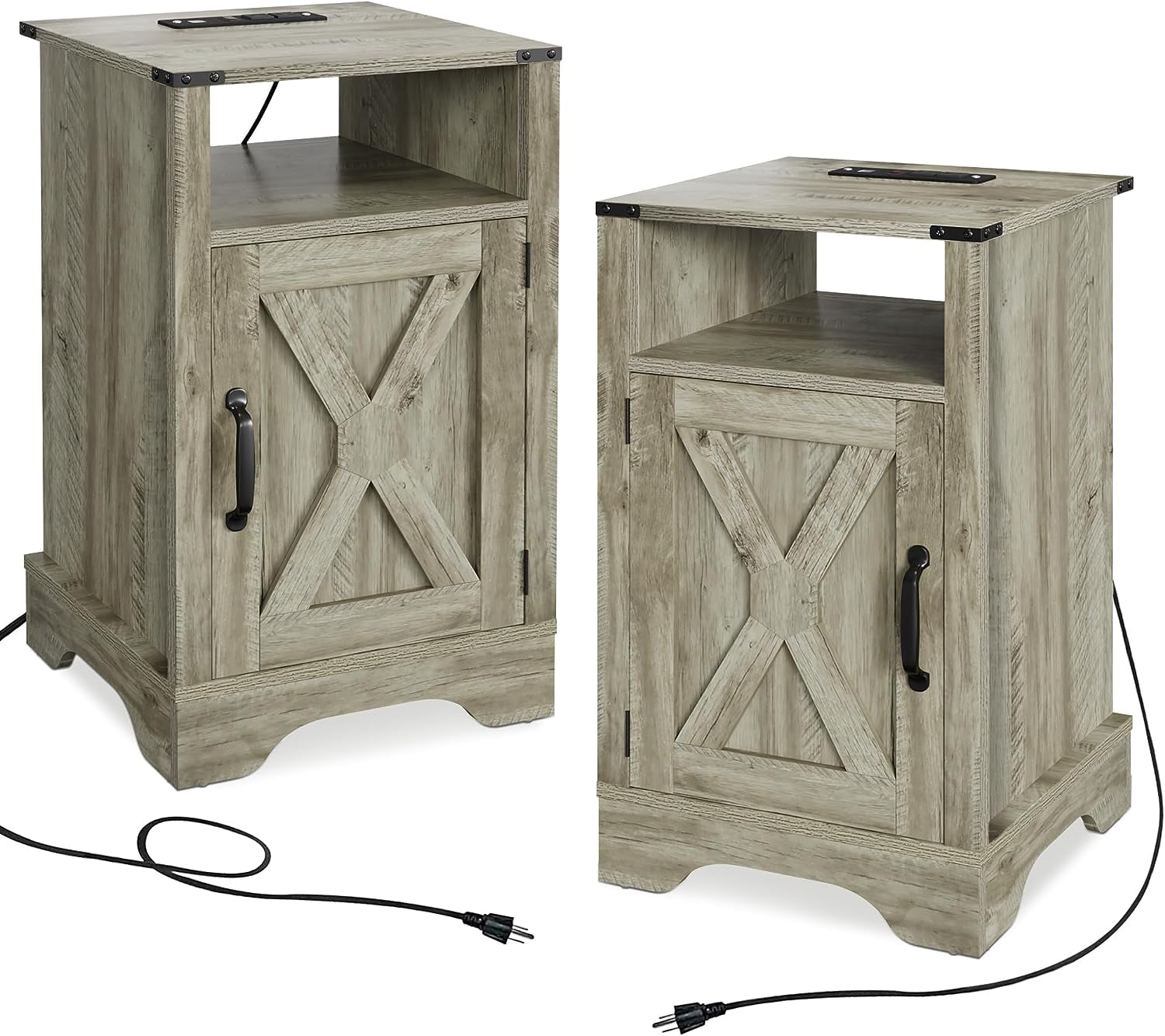 SUNVIVI Nightstand with Charging Station, Farmhouse Bedside Table with ...