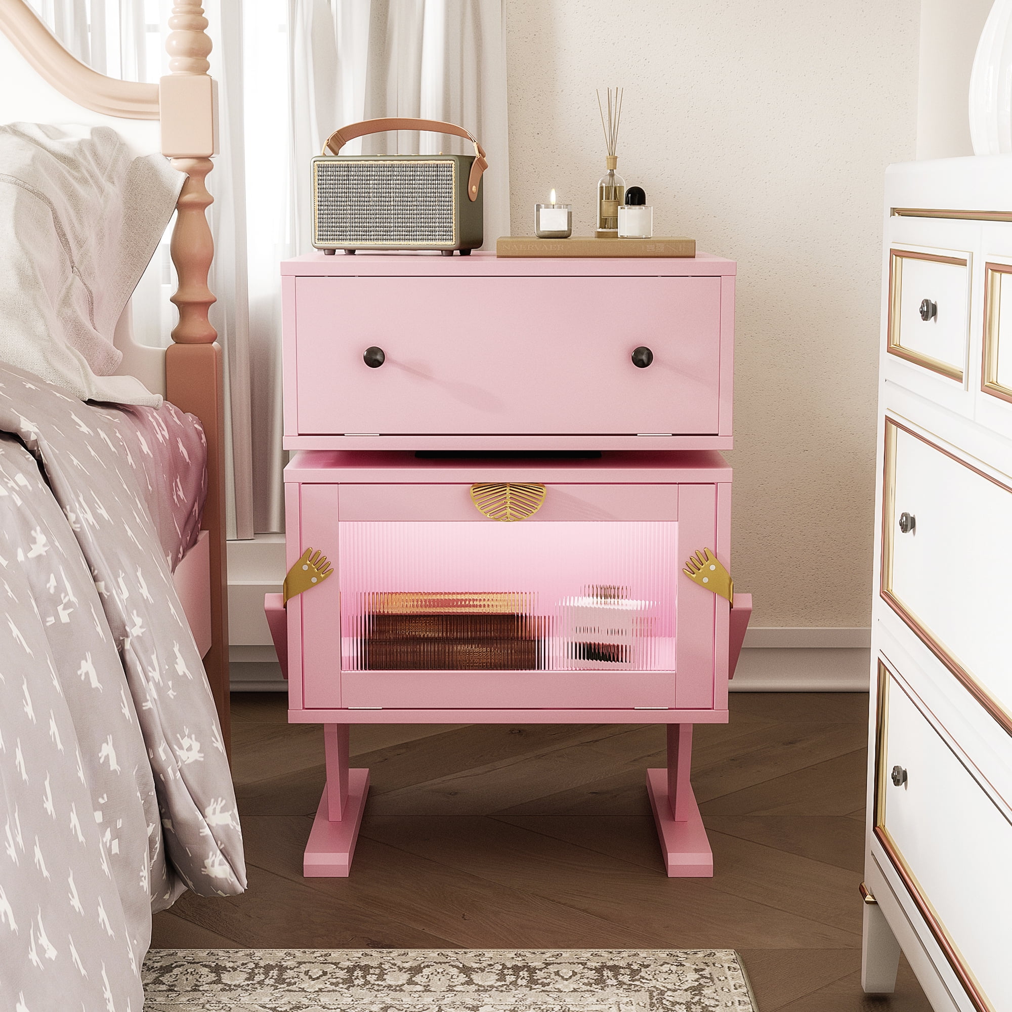 SUNVIVI Nightstand with LED Light Strips, Modern End Table with 360 ...