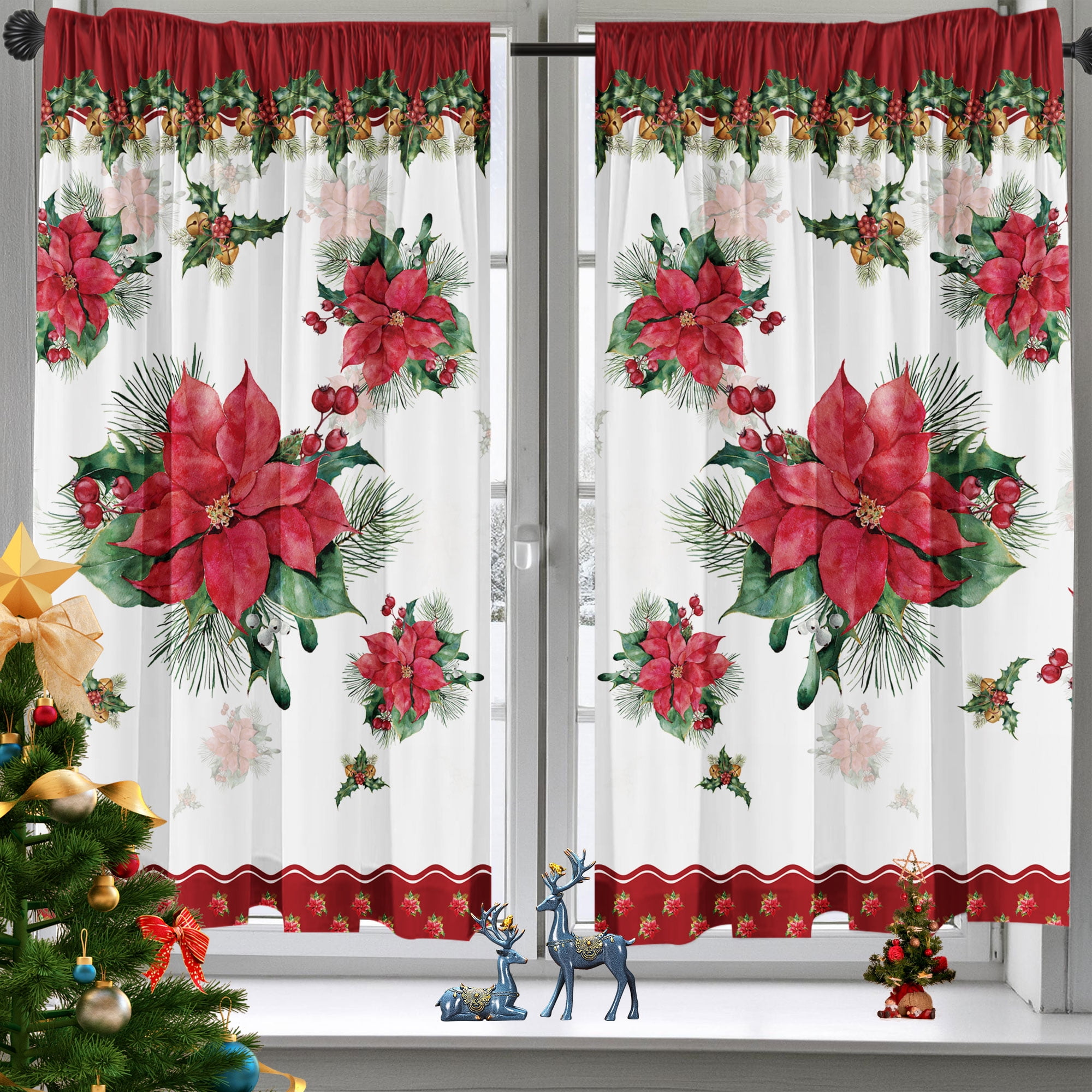 SUNWISHA 2 Piece Set Christmas Poinsettia Curtain Valances for Kitchen ...