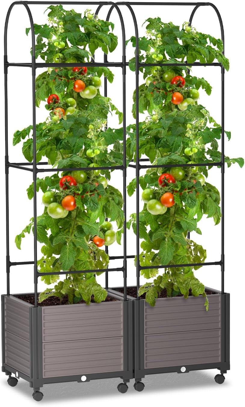 SUNYRISY Raised Garden Bed Planter Box with Wheels and Trellis, Tomato ...