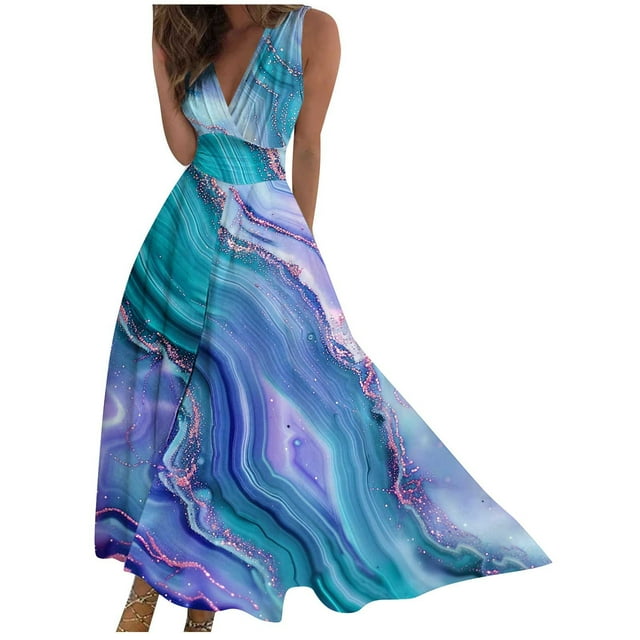 SUNYUAN Womens Dresses Summer Plus Size Women's Spring/Summer Sleeveless Color V-Neck Wrapped ...