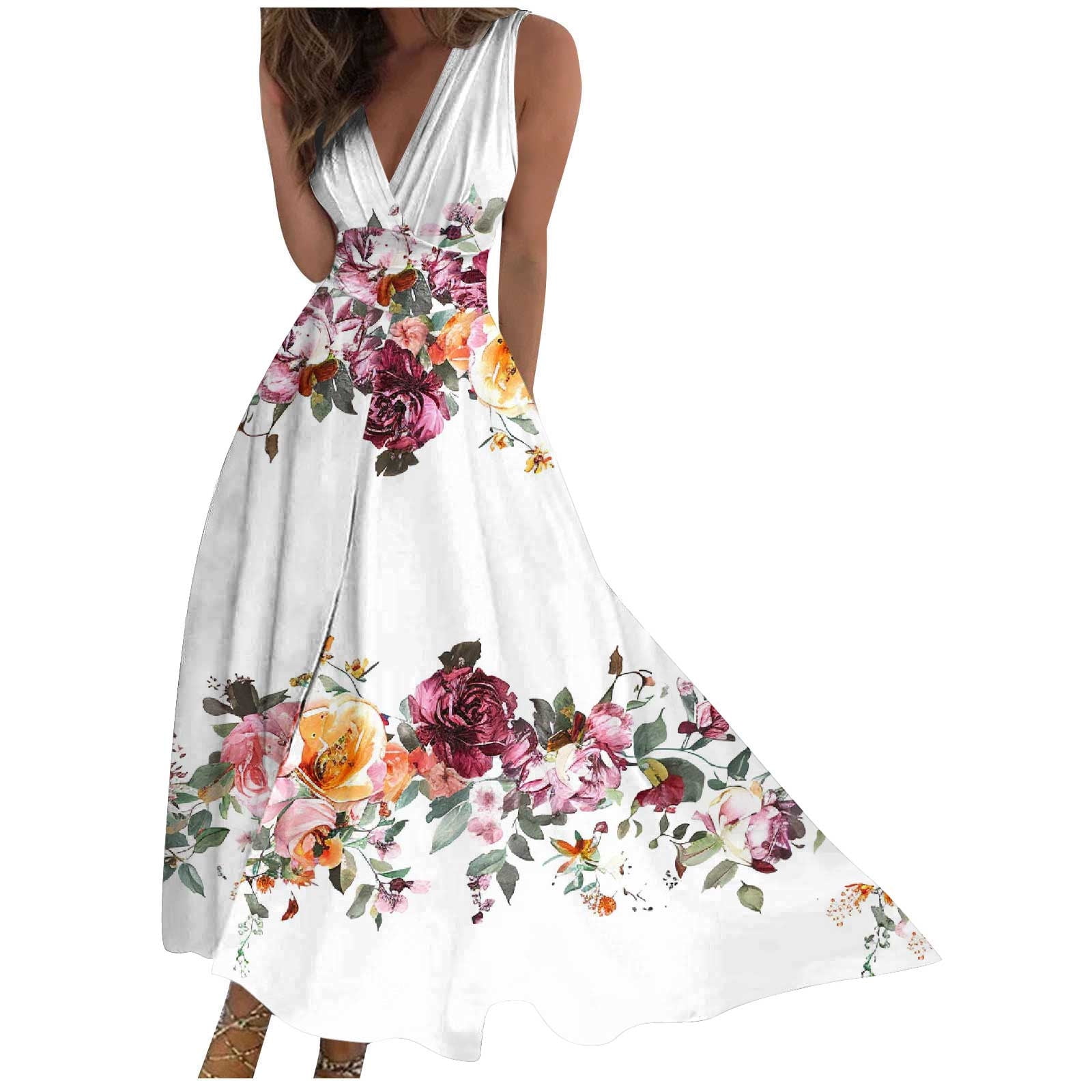 SUNYUAN Womens Dresses Summer Plus Size Women's Spring/Summer Sleeveless Color V-Neck Wrapped ...