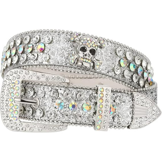 SUOSDEY Skull Rhinestone Belt for Men Women Sparkly Bling Diamond ...