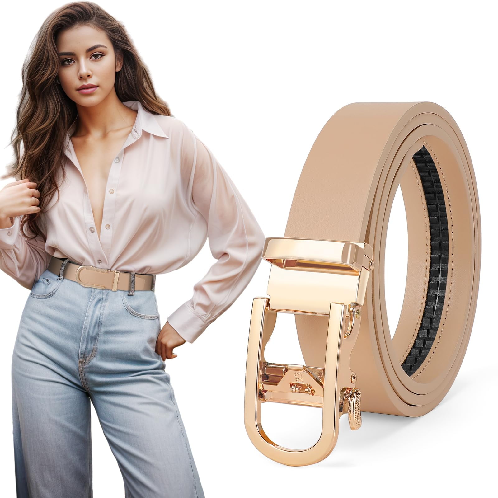 SUOSDEY Women Ratchet Belt Automatic Ladies Genuine Leather Belt Dress ...