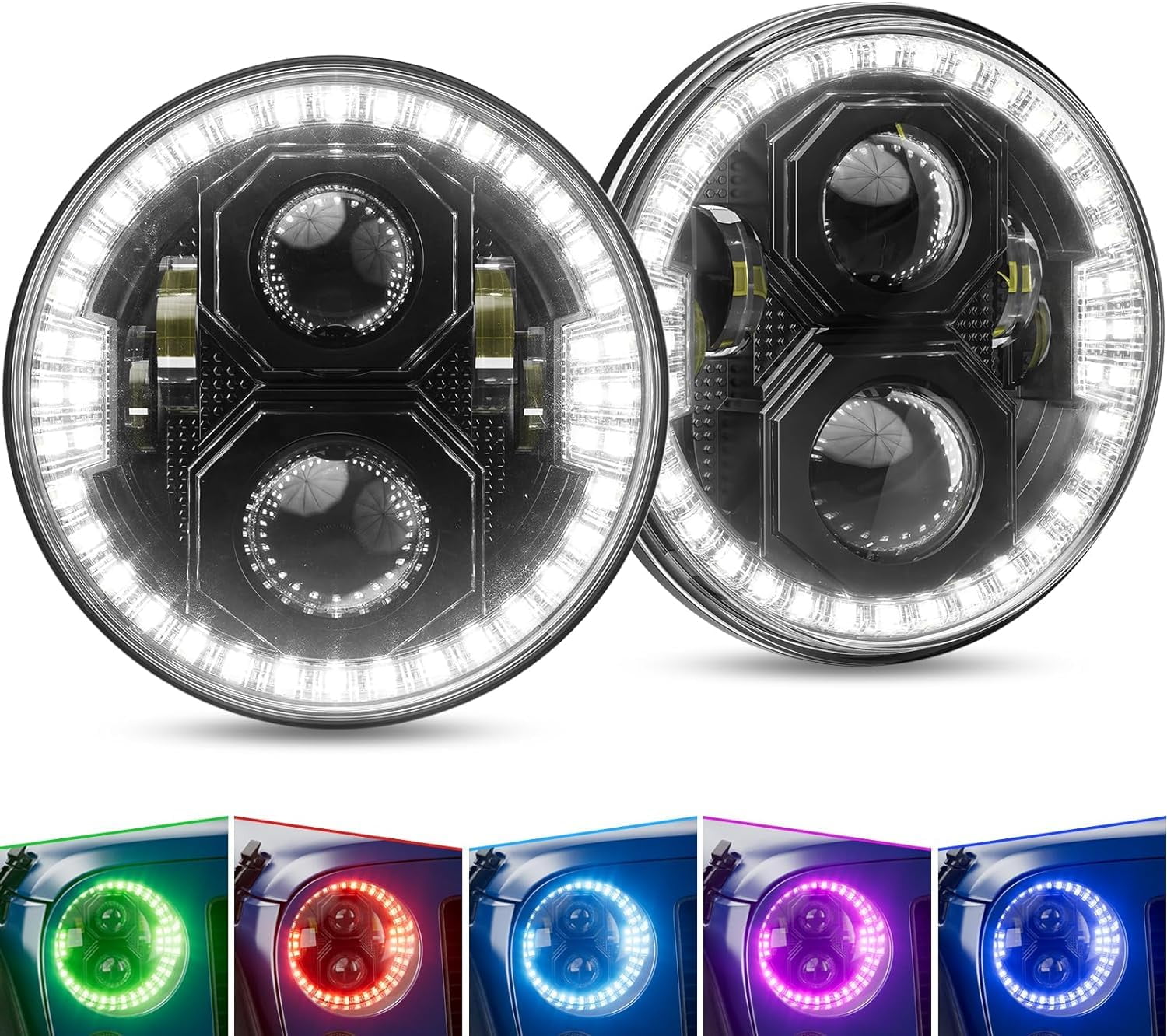 SUPAREE 7 inch LED STF9 Headlights RGB Halo Ring Angel Eyes Remote ...