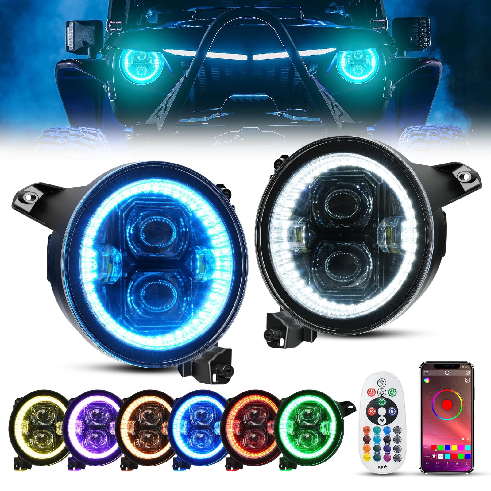 SUPAREE 9 inch LED IFF17 Headlights RGB Halo Ring Angel Eyes Remote ...