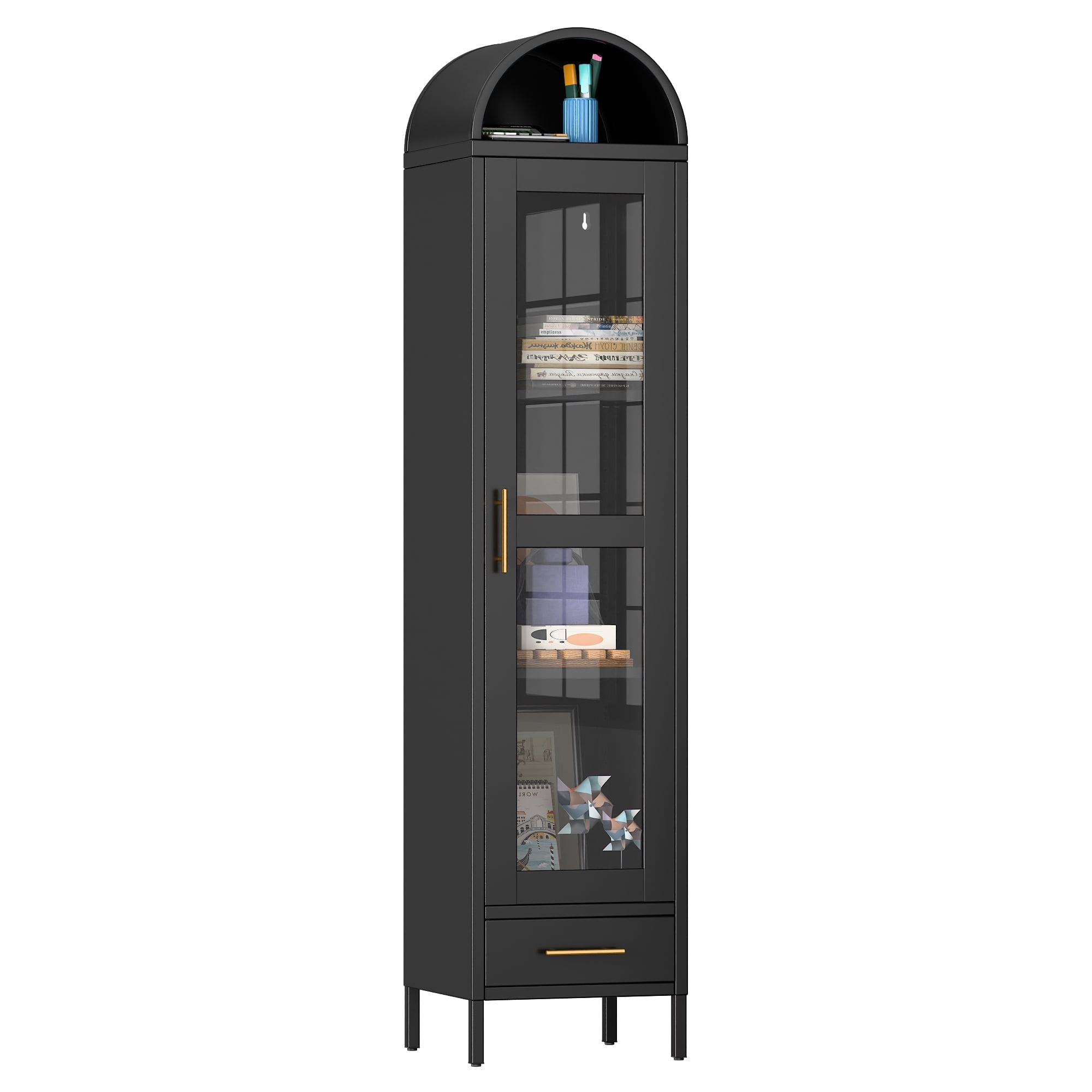 SUPEER Metal Arched Bookcase Cabinets with Glass Doors and Shelves ...