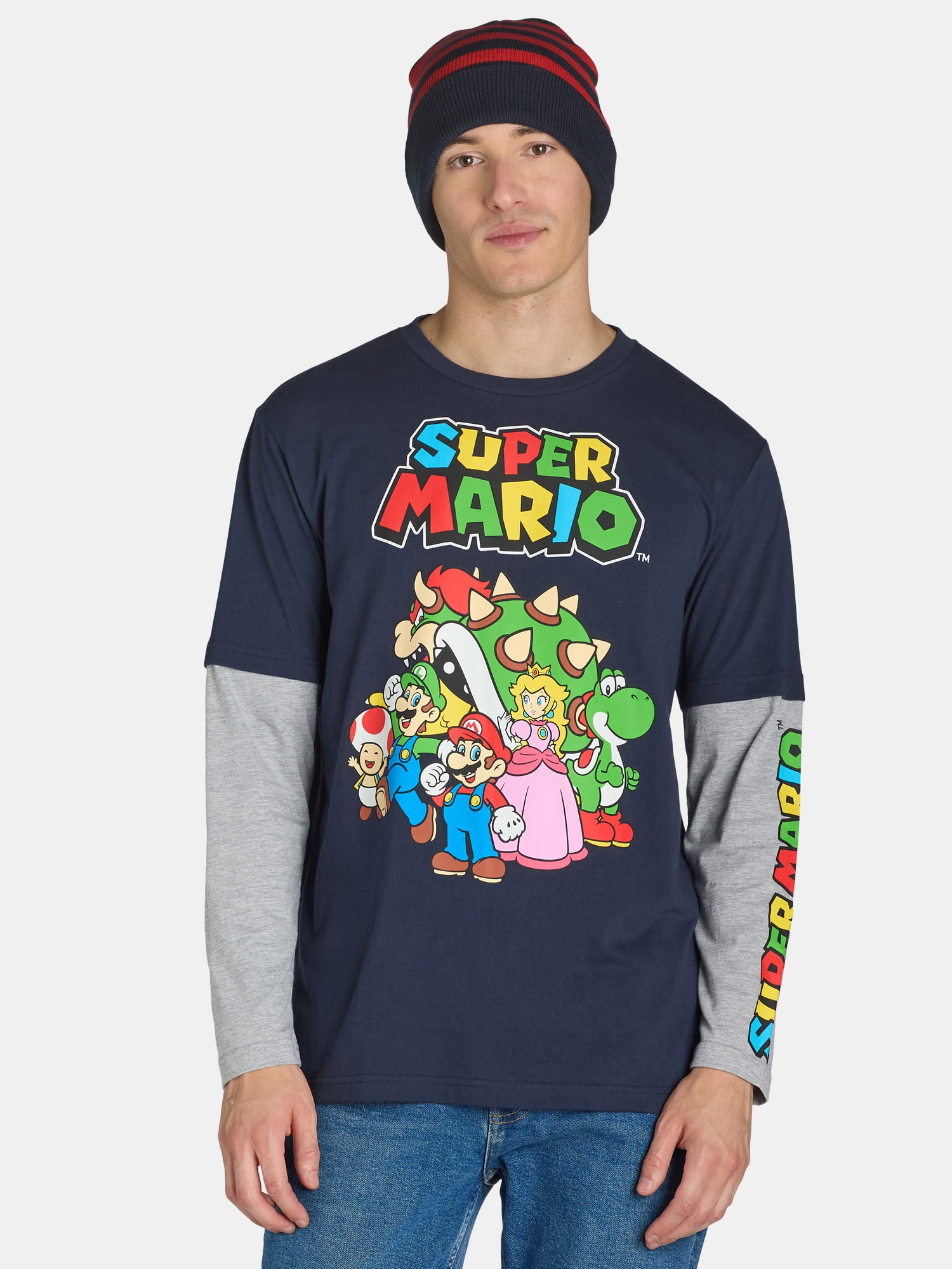 Super Mario Men's & Big Men's Long Sleeve Graphic Tee Shirt and Beanie ...