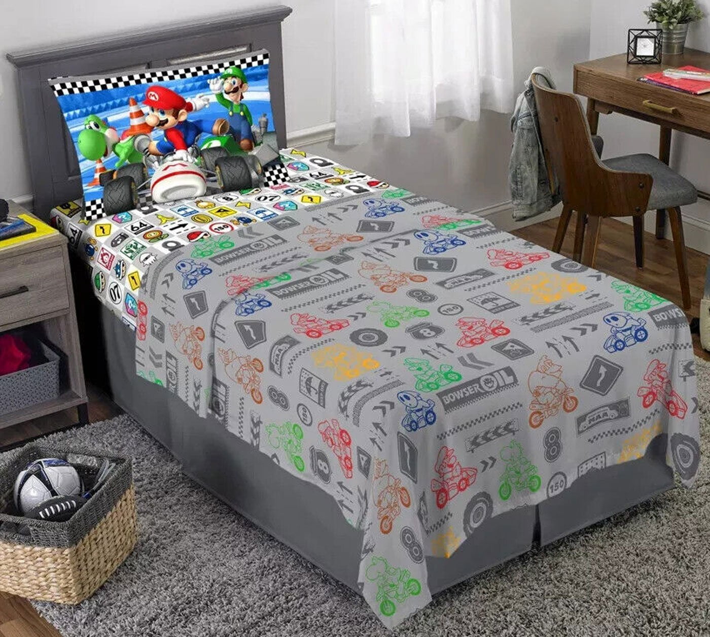 Nintendo Super Mario Kids Full Size 4-Piece Bed Sheet Set with Fitted ...